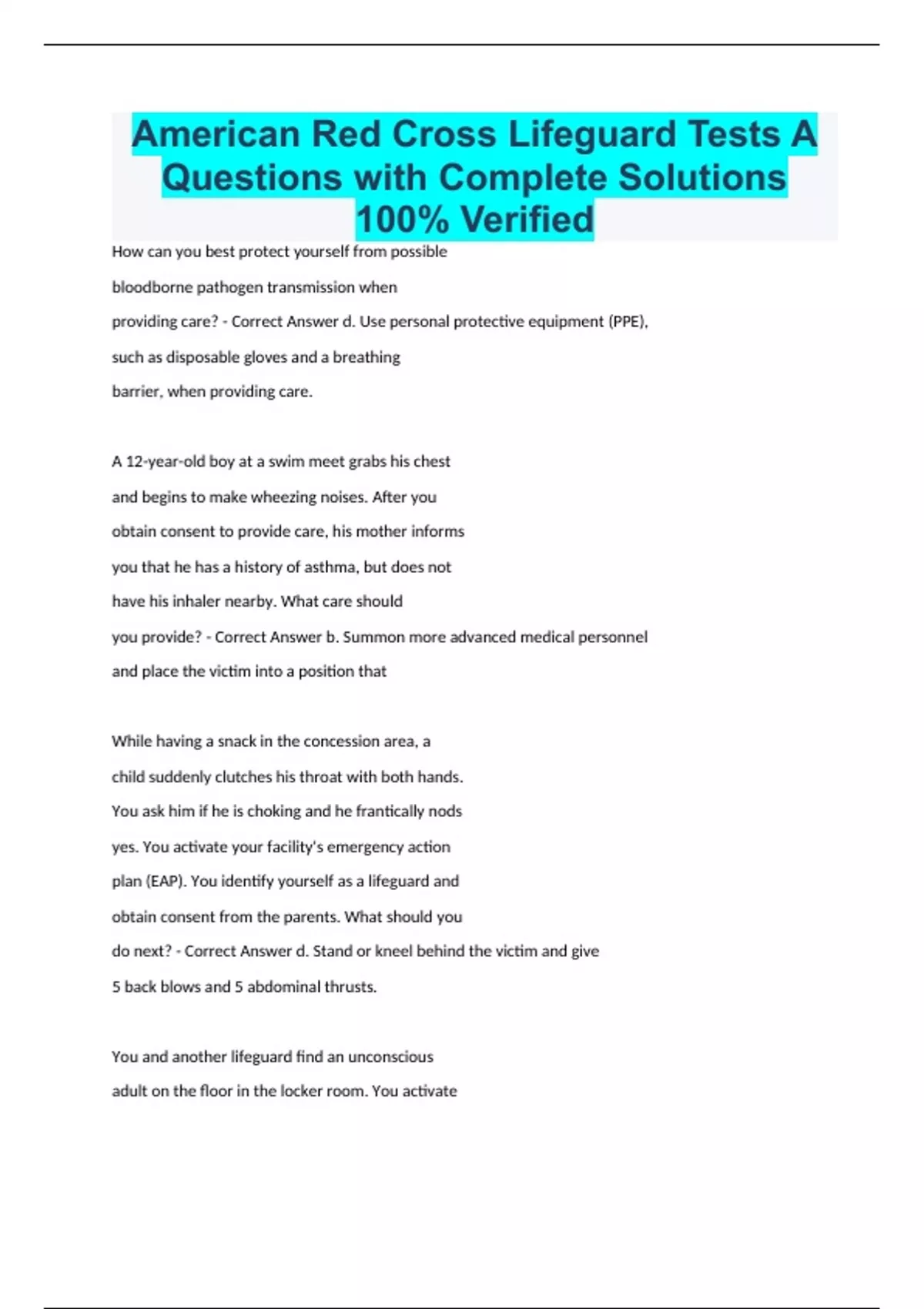 American Red Cross Lifeguard Tests A Questions with Complete Solutions ...