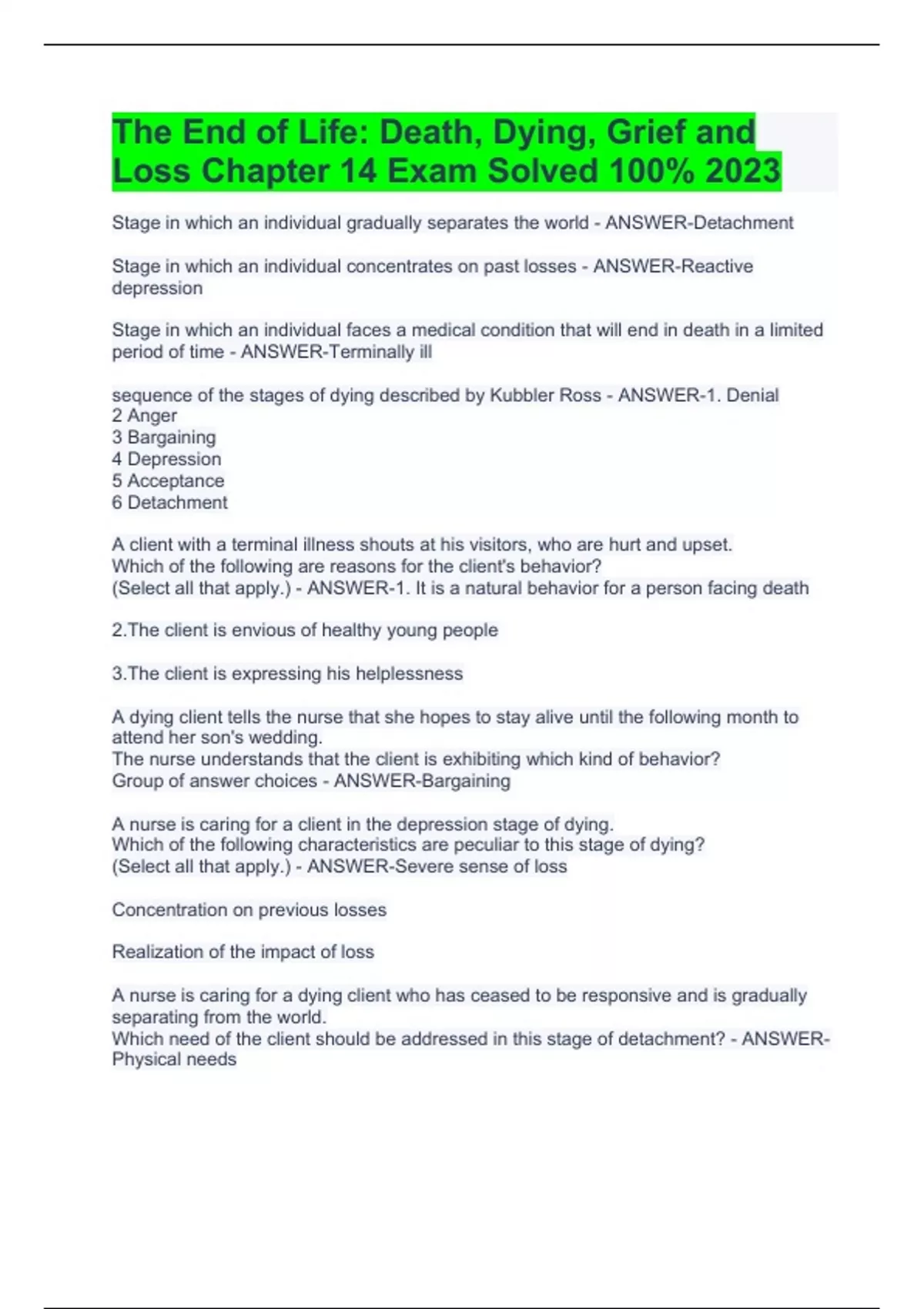 The End of Life: Death, Dying, Grief and Loss Chapter 14 Exam Solved ...