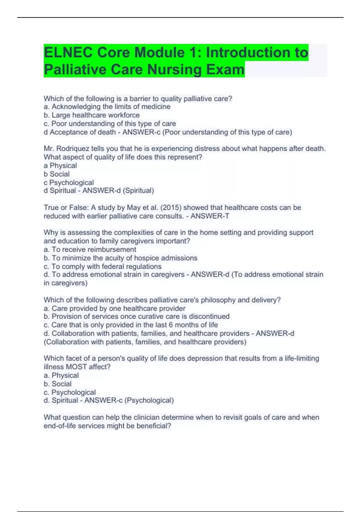 ELNEC Core Module 1: Introduction to Palliative Care Nursing Exam ...
