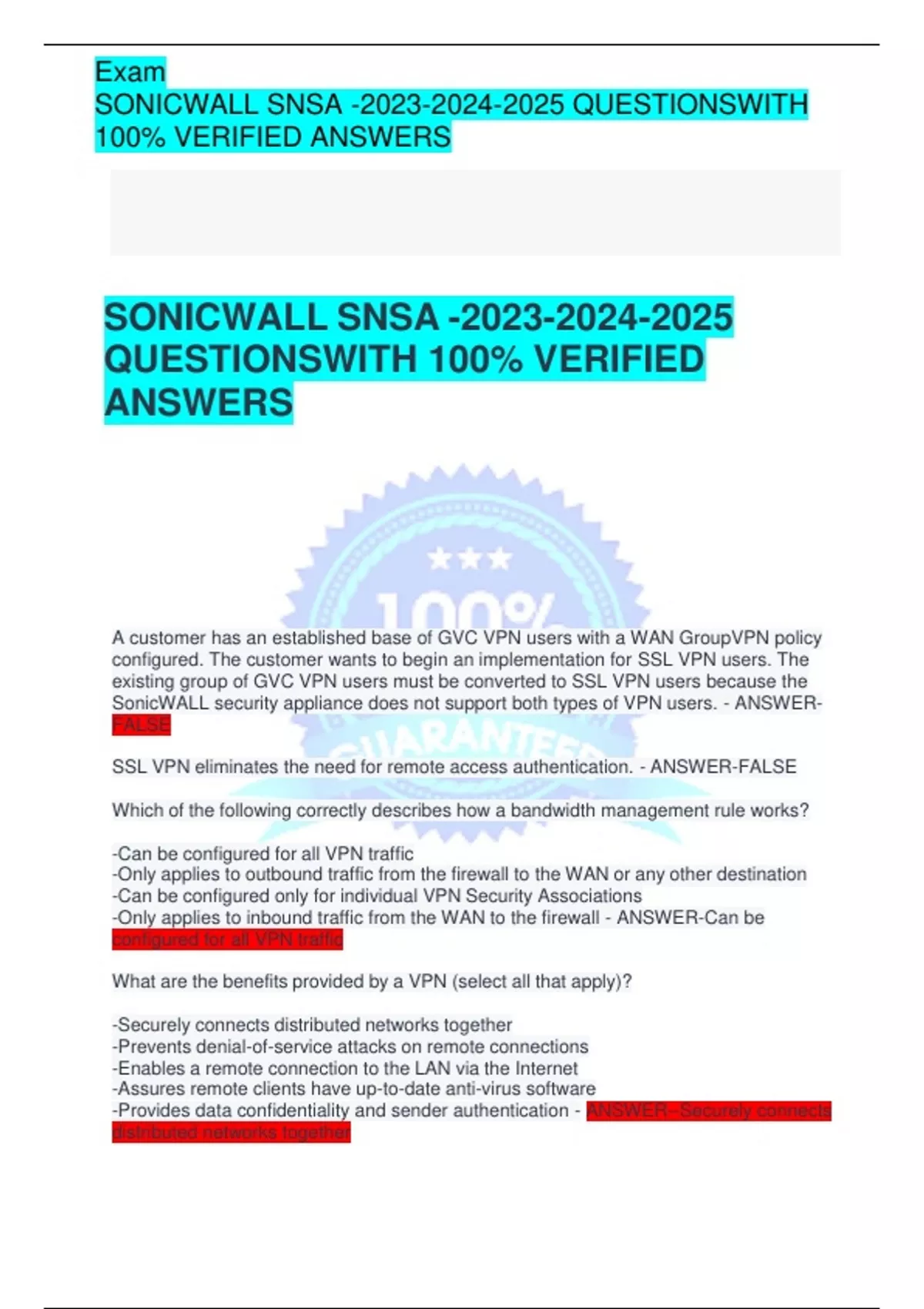 Exam SONICWALL SNSA - QUESTIONSWITH 100% VERIFIED ANSWERS - SONICWALL SNSA -2023-2024-2025 ...