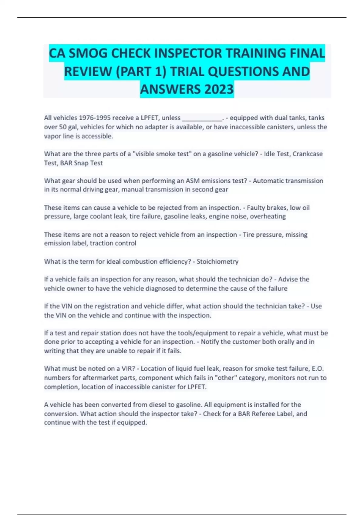 CA SMOG CHECK INSPECTOR TRAINING FINAL REVIEW (PART 1) TRIAL QUESTIONS ...