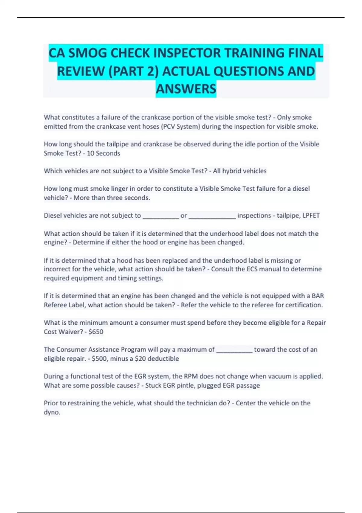 CA SMOG CHECK INSPECTOR TRAINING FINAL REVIEW (PART 2) ACTUAL QUESTIONS ...