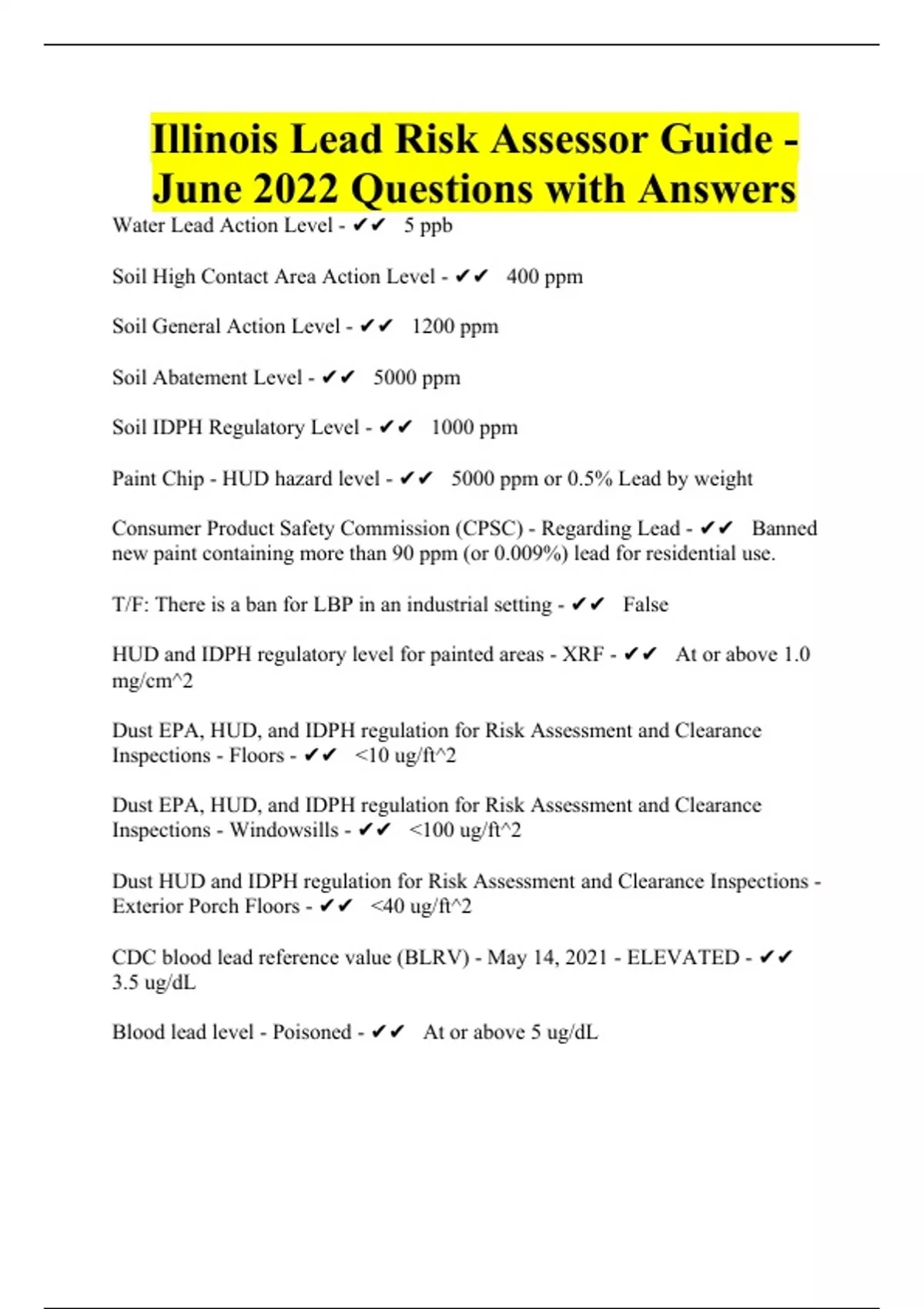 Illinois Lead Risk Assessor Guide - June 2022 Questions with Answers ...
