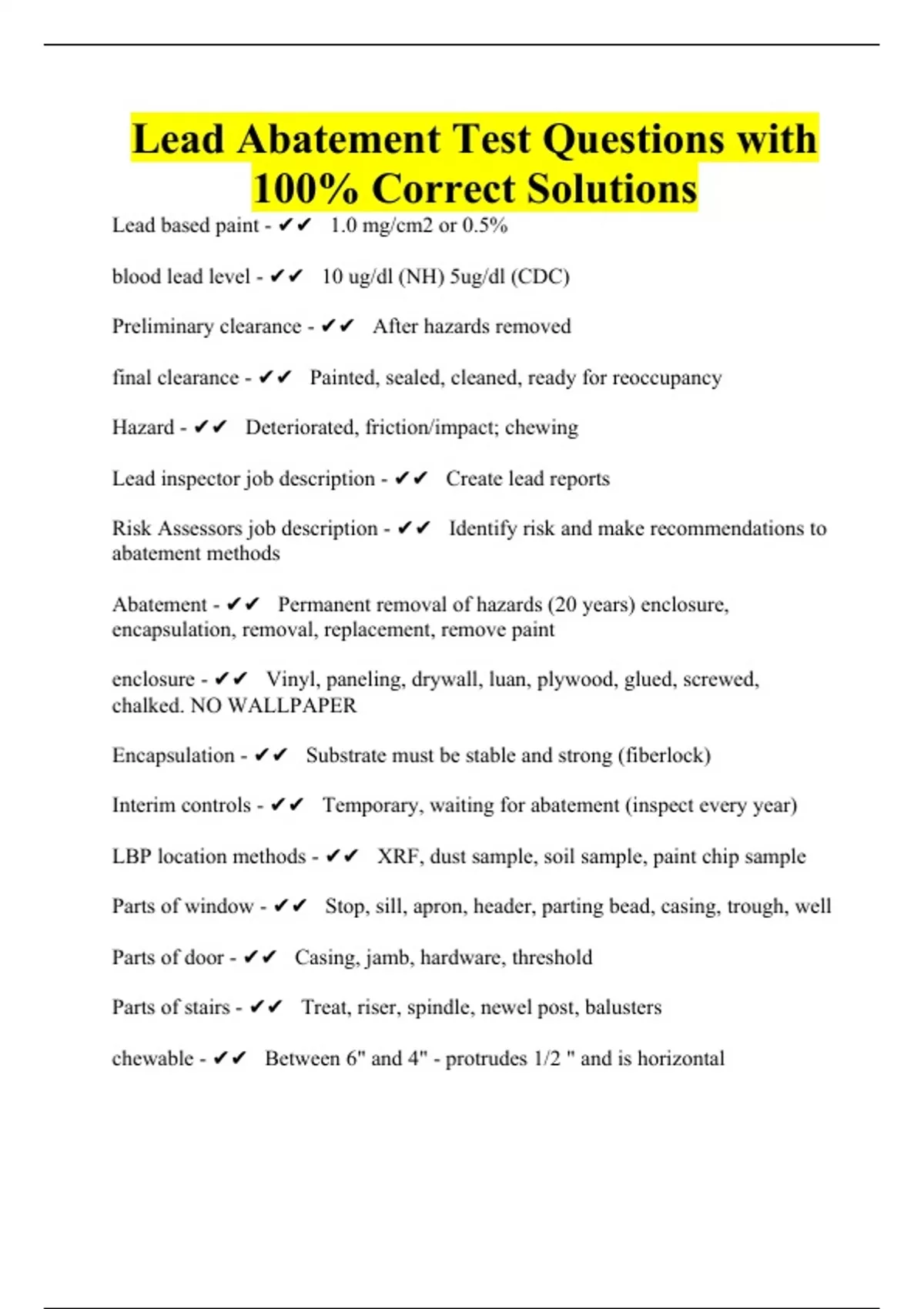 Lead Abatement Test Questions with 100% Correct Solutions - Lead ...