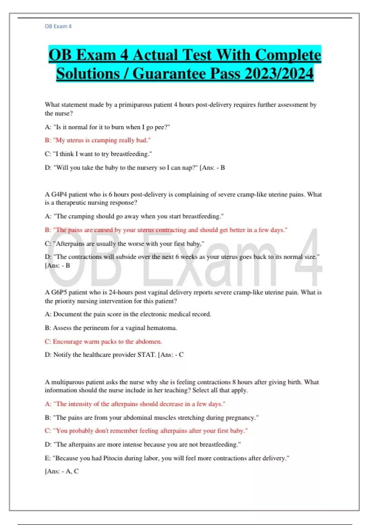 OB Exam 4 Actual Test With Complete Solutions / Guarantee Pass 2023/ ...