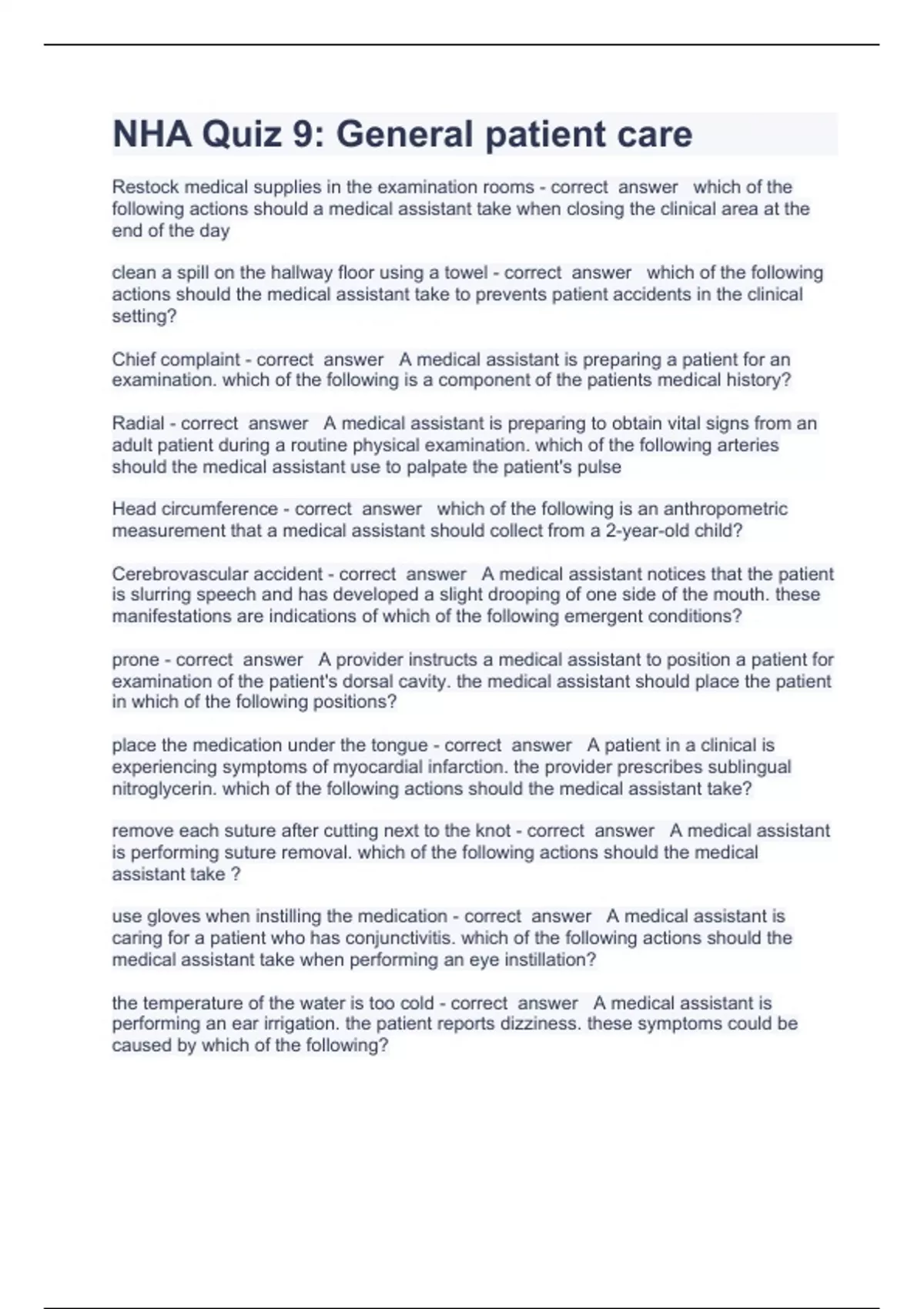 NHA Quiz 9 Questions with complete solution 2023 - NHA - Stuvia NL