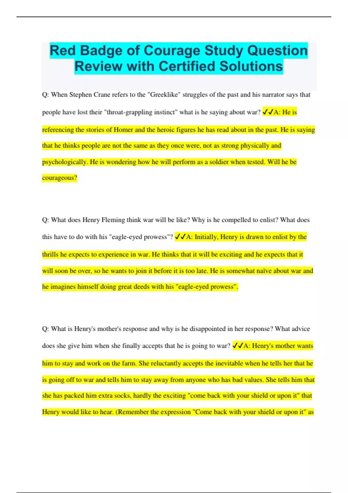 Red Badge of Courage Study Question Review with Certified Solutions ...