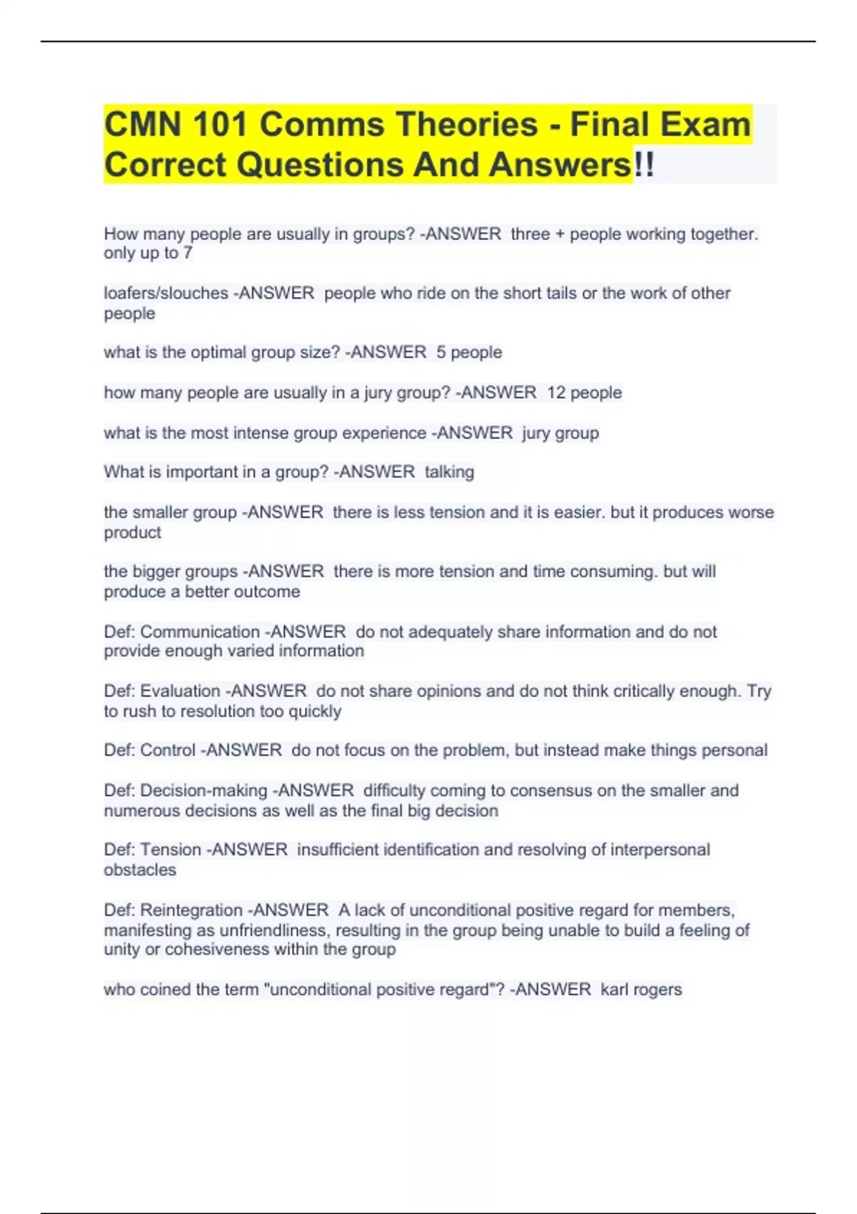 CMN 101 Comms Theories - Final Exam Correct Questions And Answers!! - CMN 101 - Stuvia US