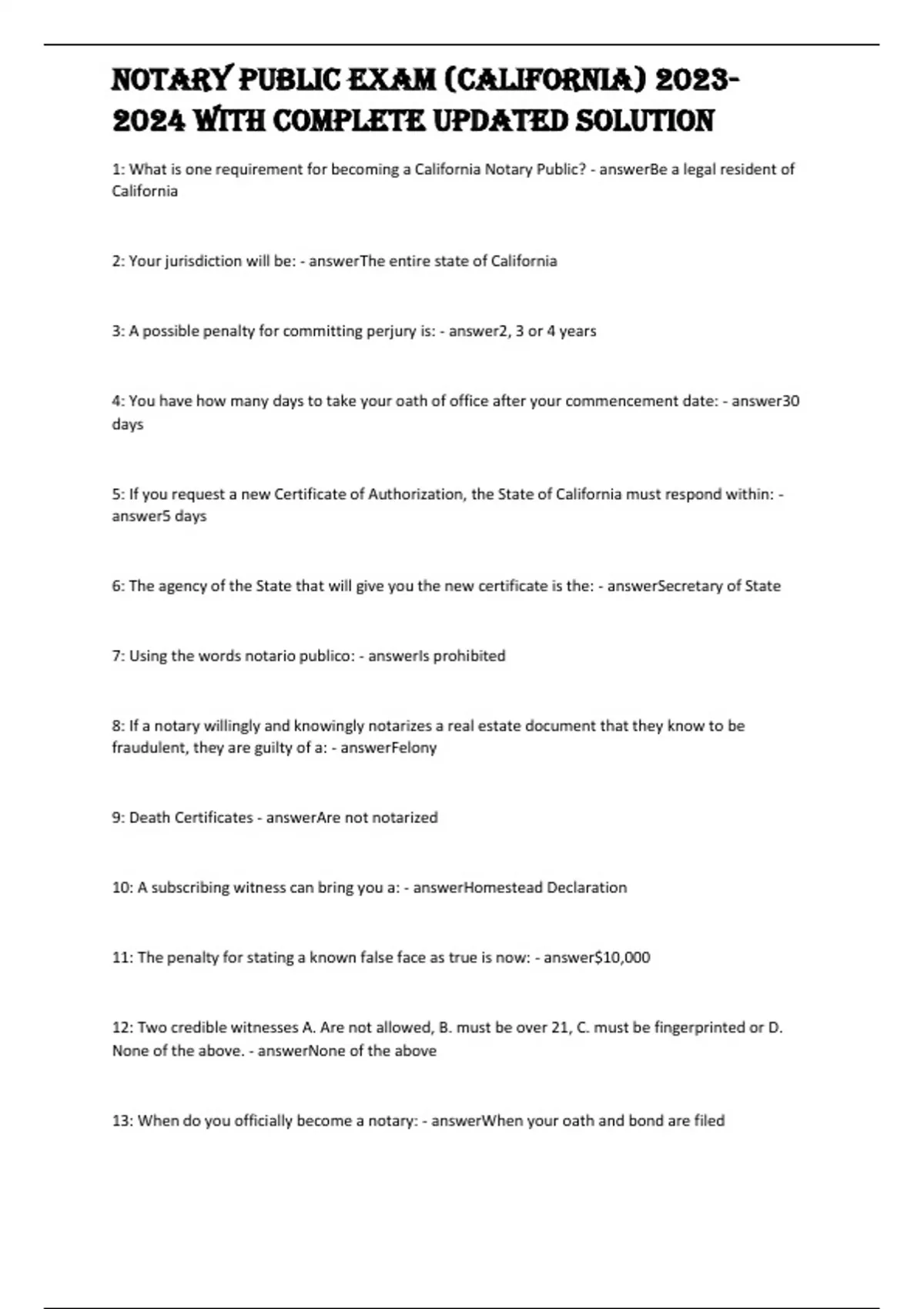 Notary Public Exam (California) with Complete updated solution - Notary ...