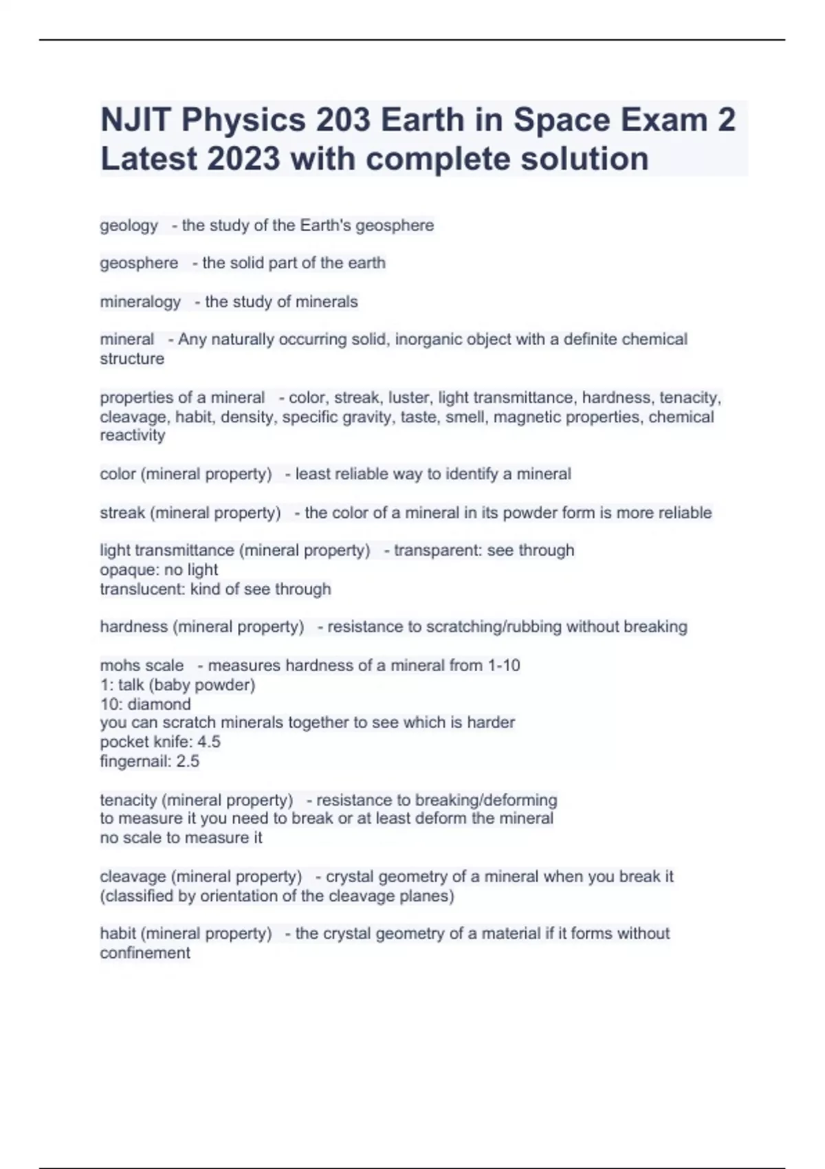 NJIT Physics 203 Earth in Space Exam 2 Latest 2023 with complete ...