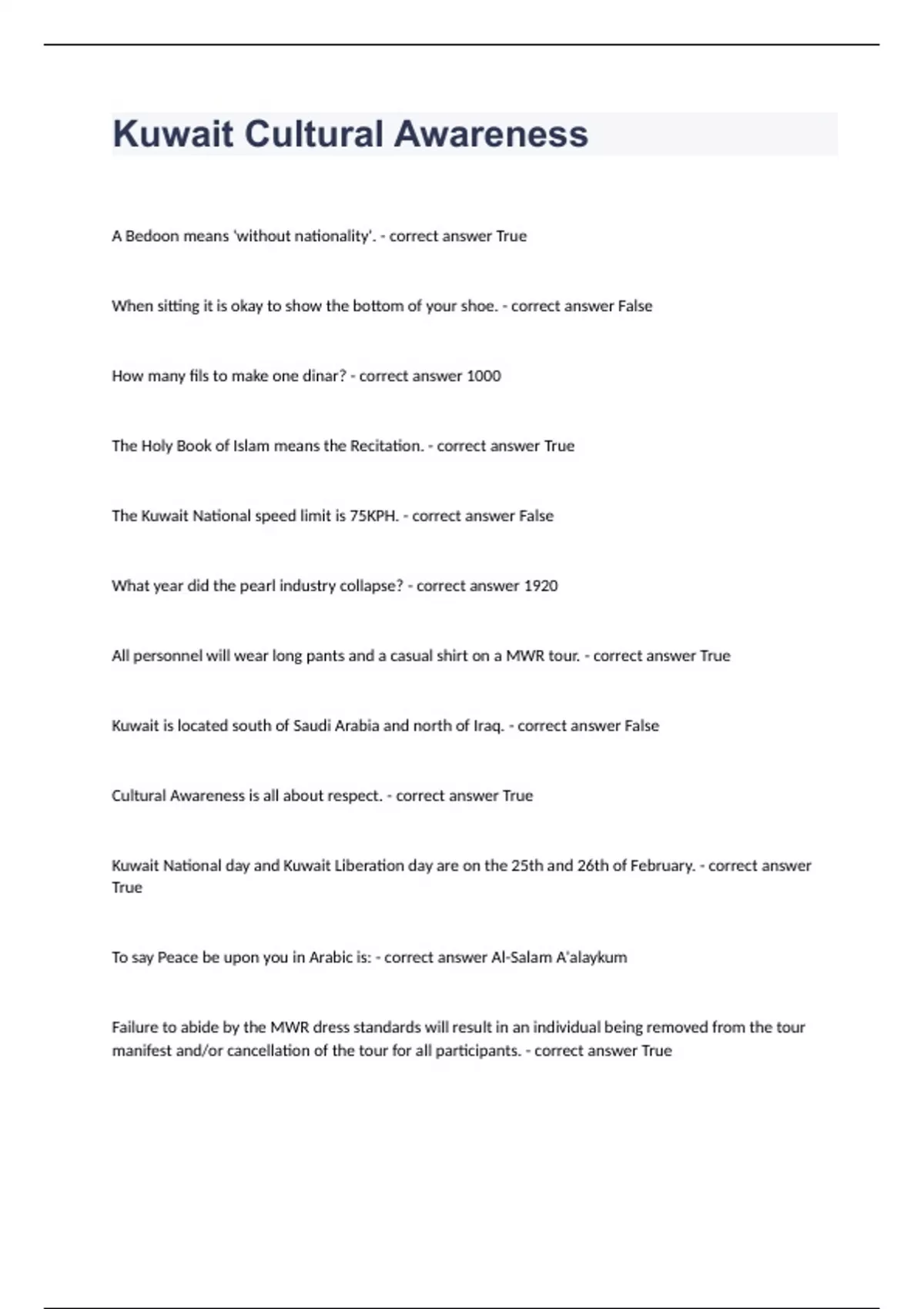 Kuwait Cultural Awareness questions with 100% correct answers 2023 ...