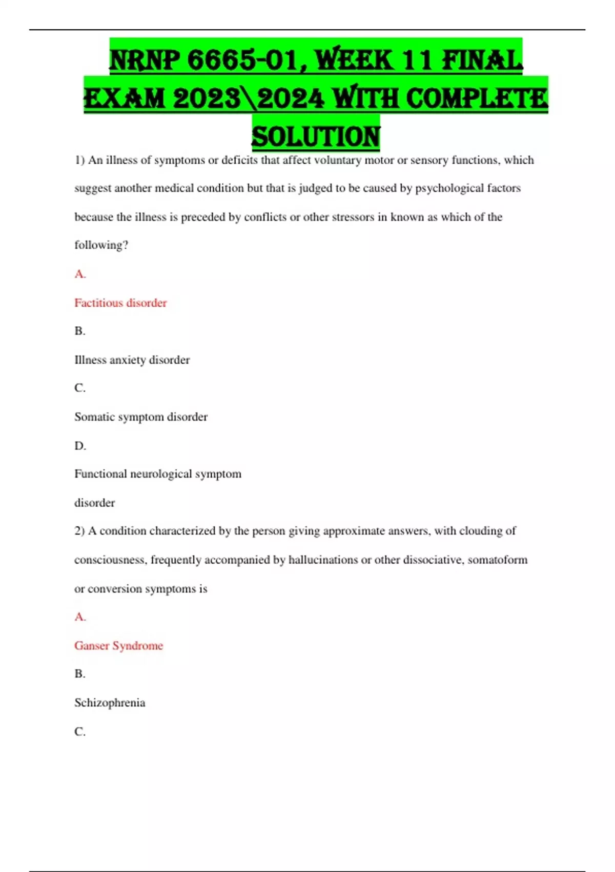 NRNP 6665-01, Week 11 Final Exam With complete solution - NRNP 6665-01 - Stuvia US