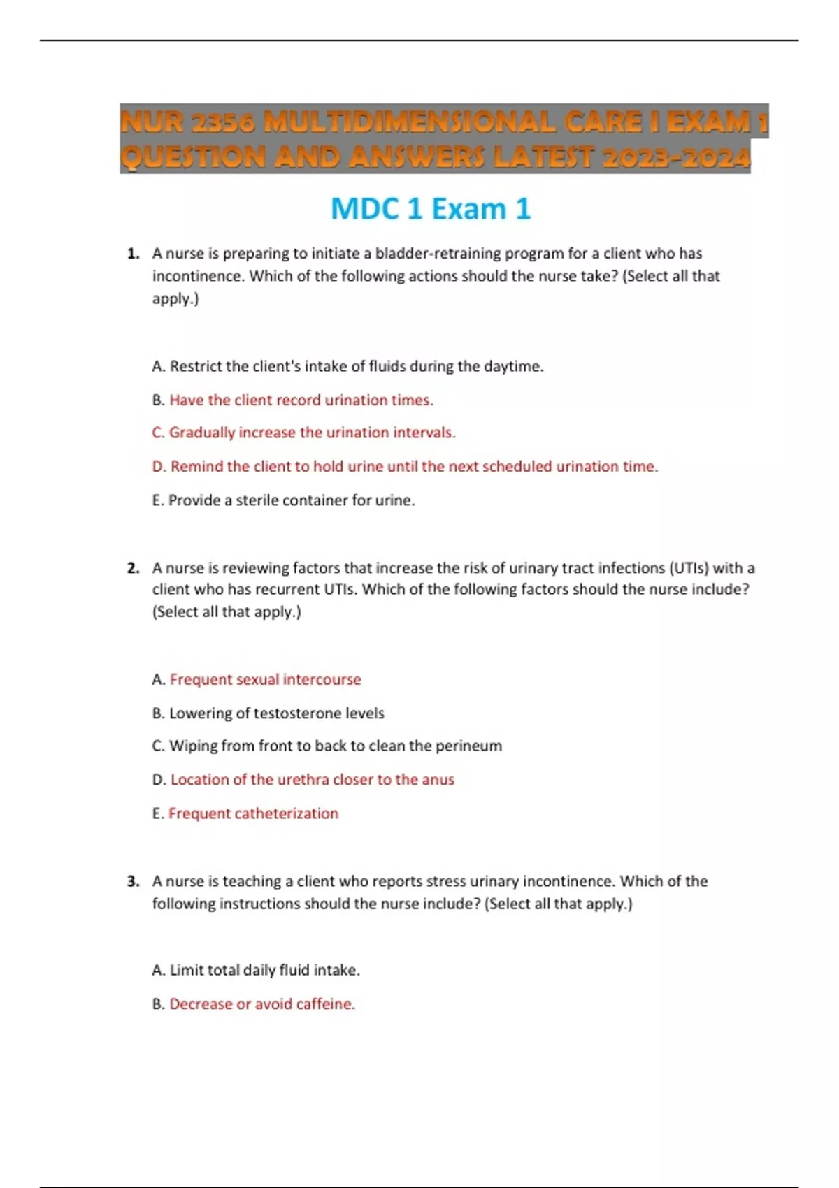 NUR 2356 MULTIDIMENSIONAL CARE I EXAM 1 QUESTION AND ANSWERS LATEST MDC ...
