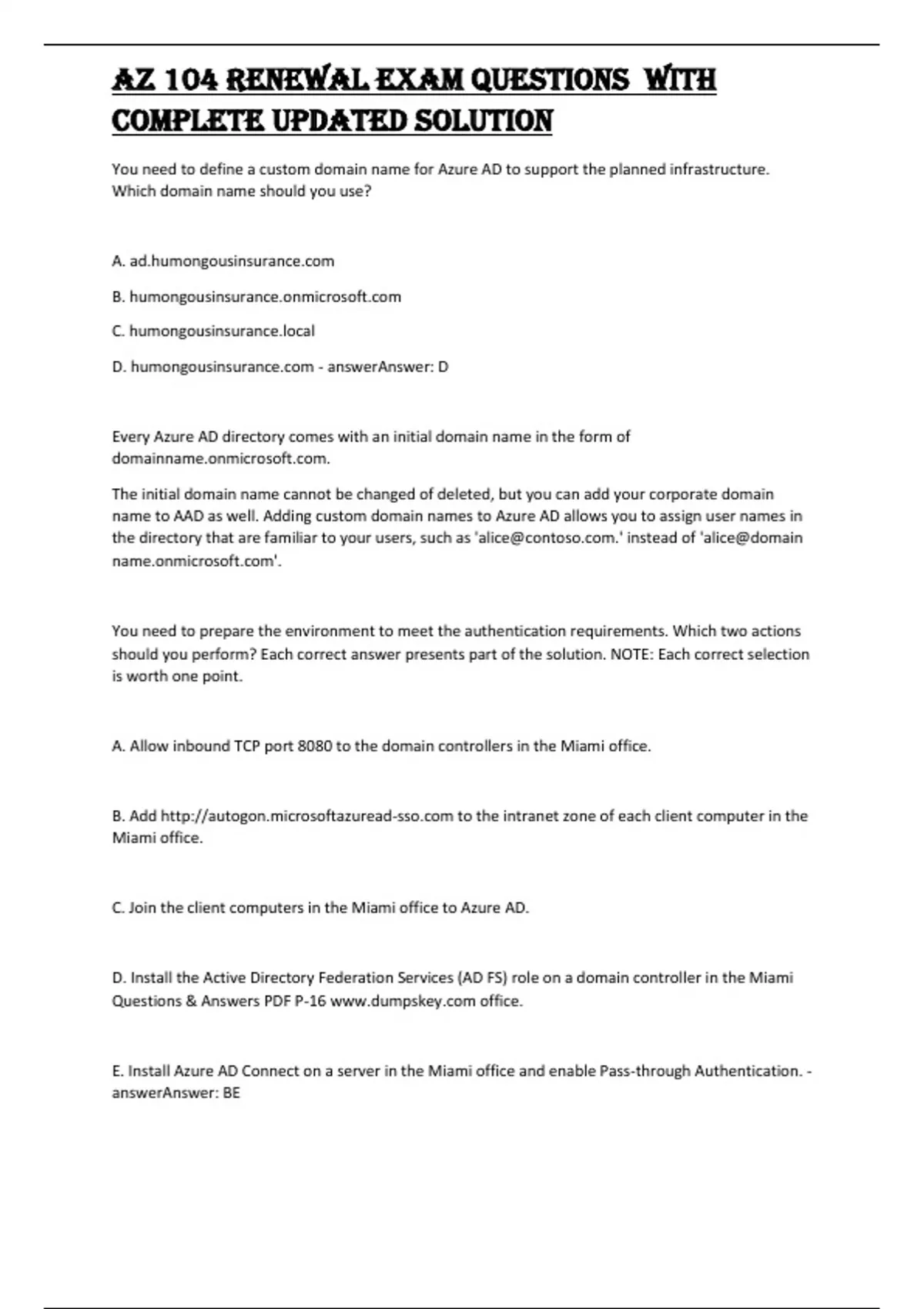 AZ 104 Renewal Exam Questions with complete updated solution - AZ 104 ...