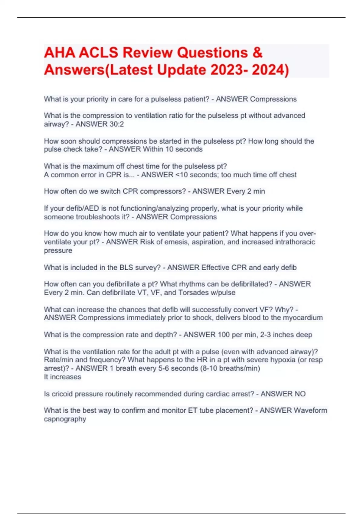 AHA ACLS Review Questions & Answers(Latest Update ) - AHA ACLS - Stuvia US