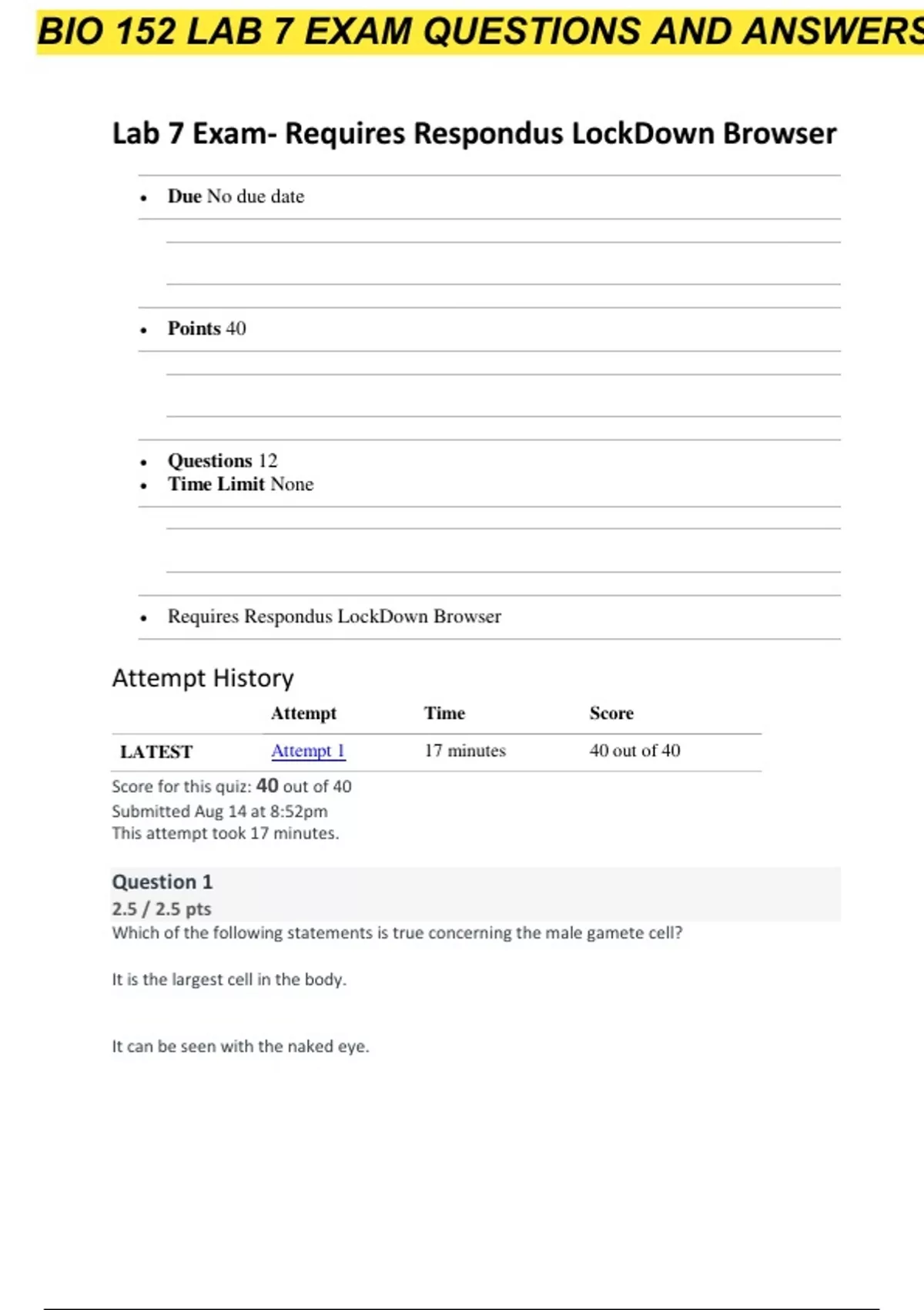 BIO 152 LAB 7 (Portage Learning) EXAM Questions and Answers - BIO 152 LAB 7 - Stuvia US