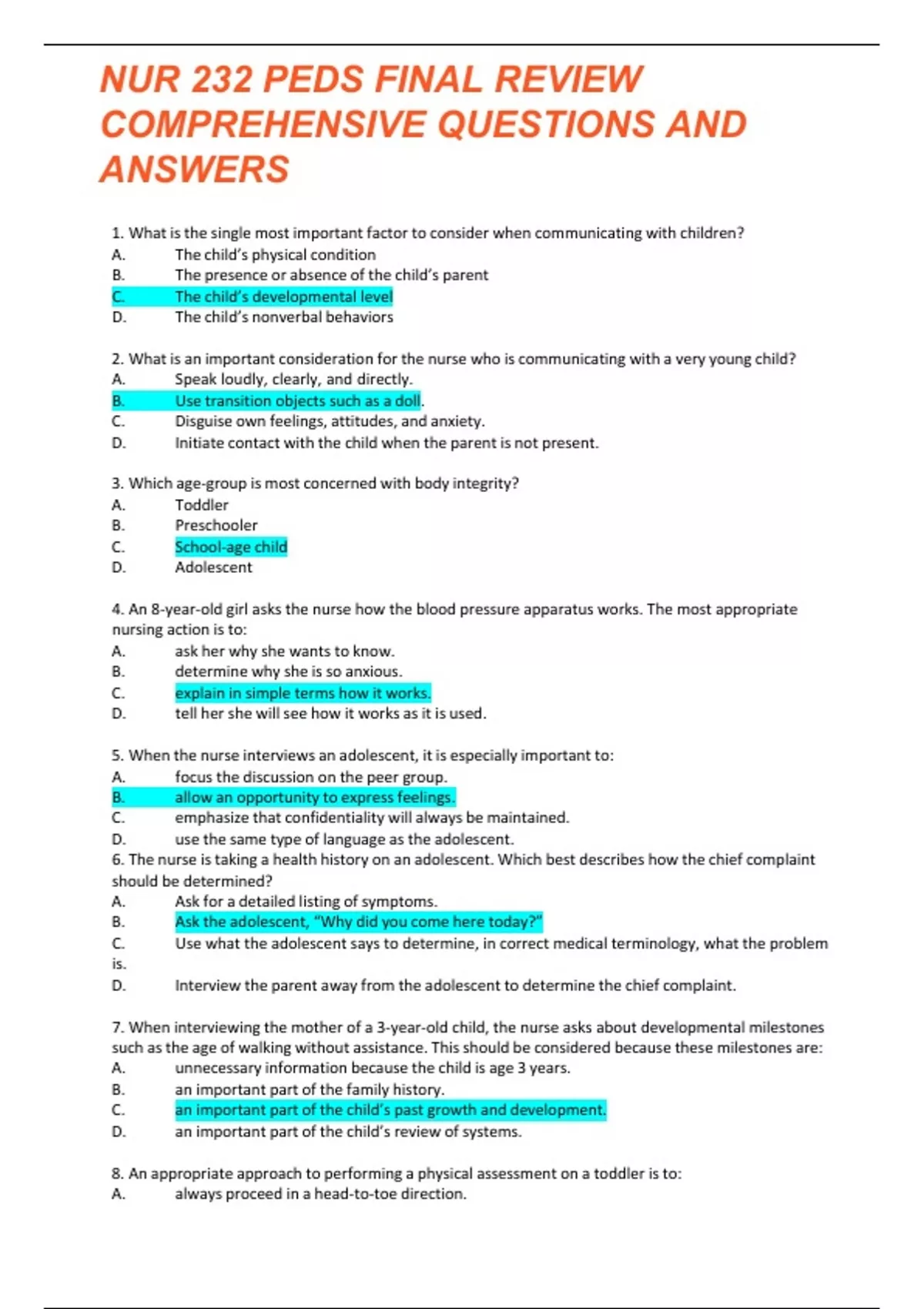 NUR 232 PEDS Final Review Comprehensive Questions with Correct Answers ...