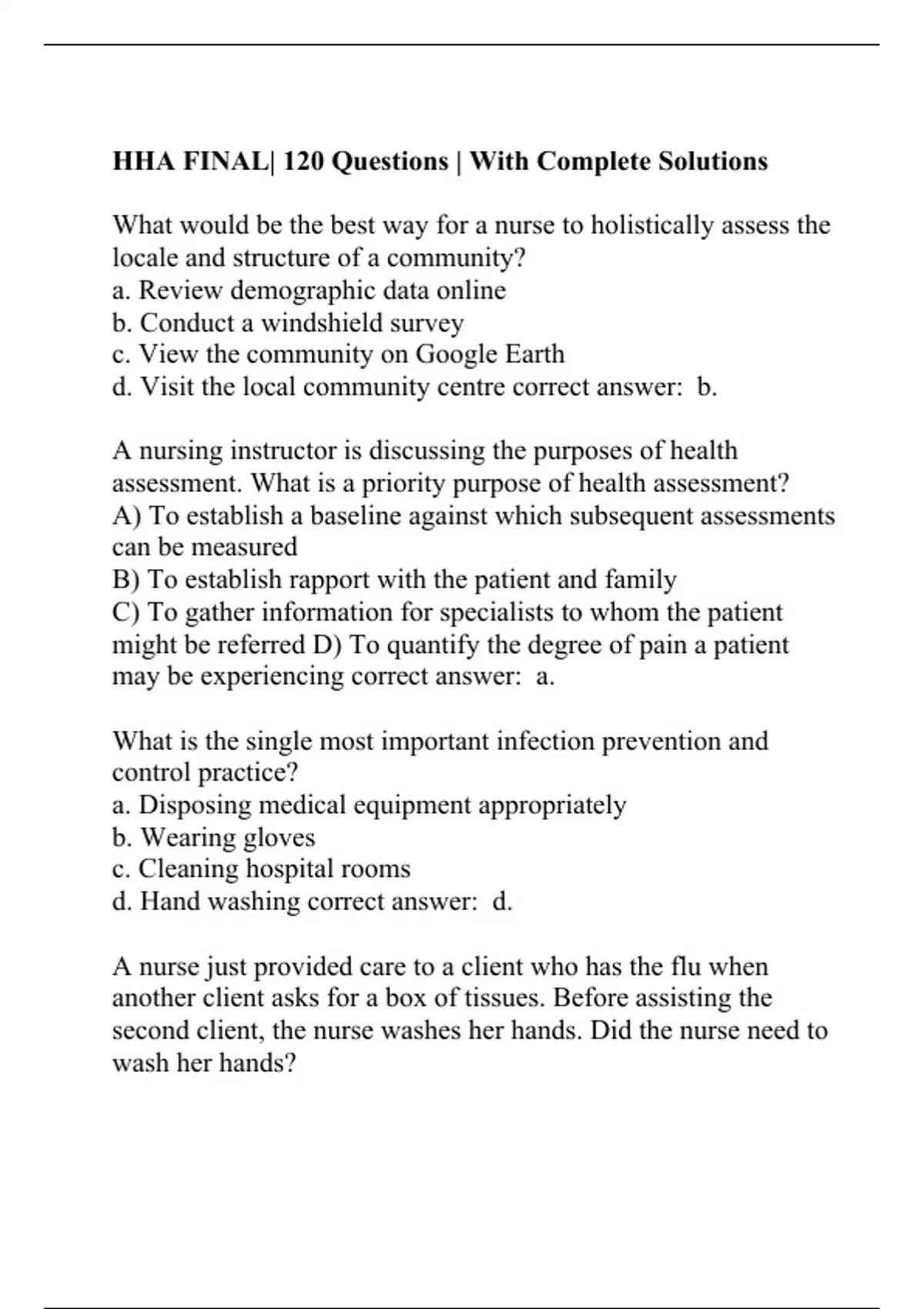 HHA FINAL| 120 Questions | With Complete Solutions - HHA - Stuvia US