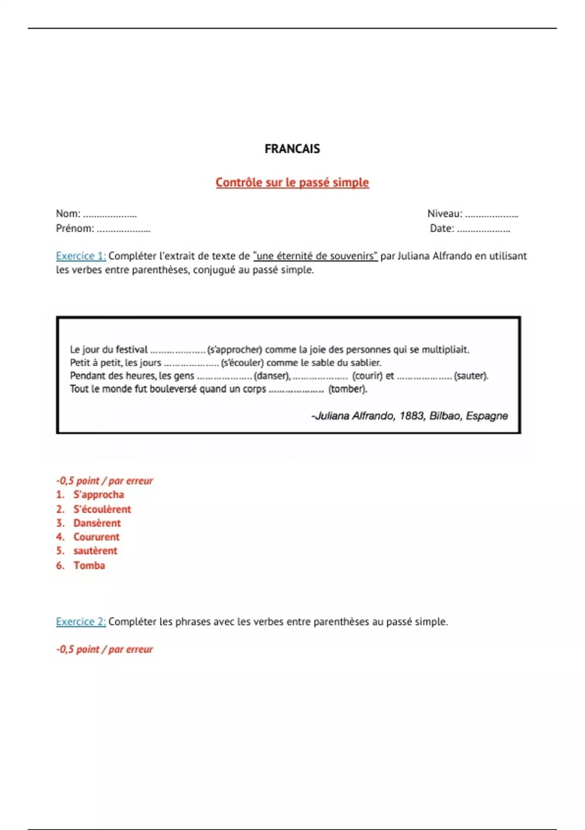 Contrôle sur le passé simple - French - Stuvia US