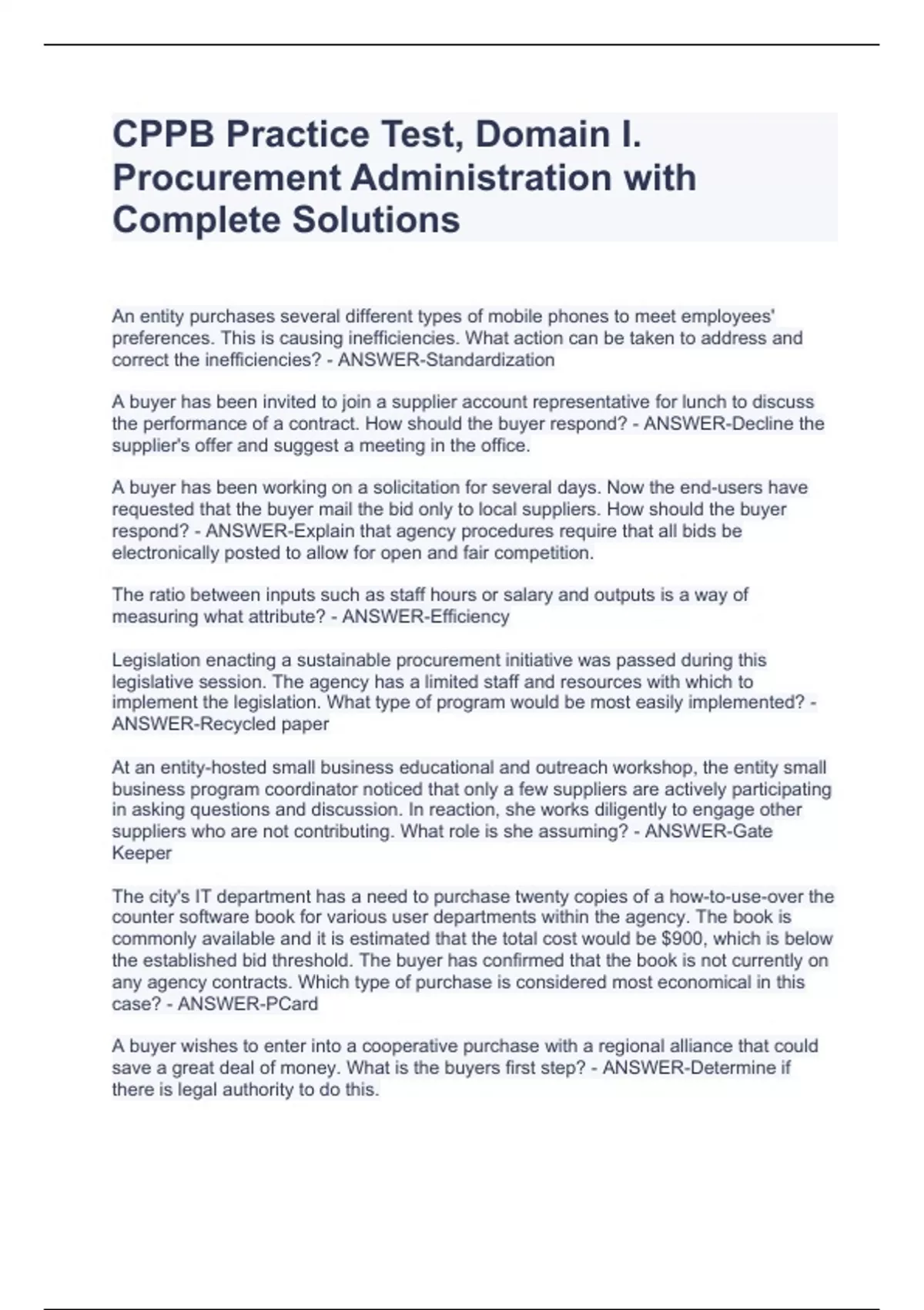 Cppb Practice Test Domain I Procurement Administration With Complete Solutions Cppb Stuvia Us