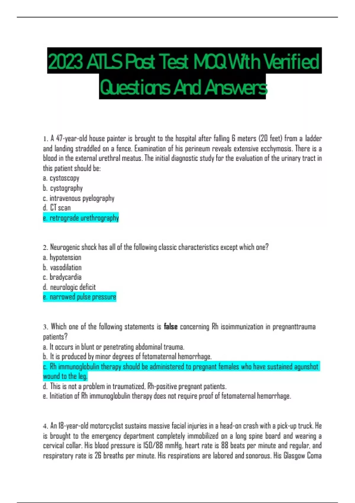2023 ATLS Post Test MCQ With Verified Questions And Answers 2023 ATLS