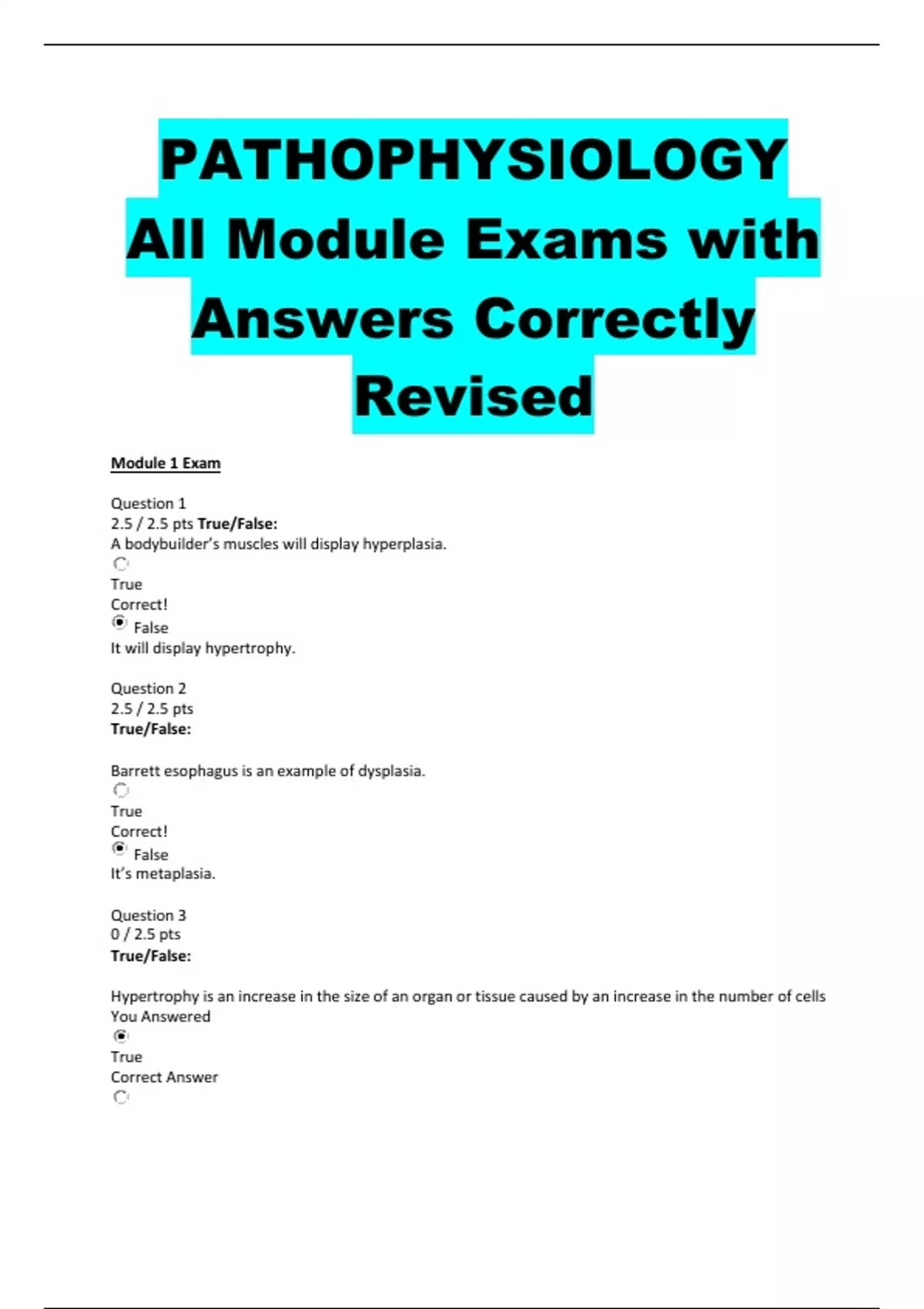 PATHOPHYSIOLOGY All Module Exams with Answers Correctly Revised - NURS ...