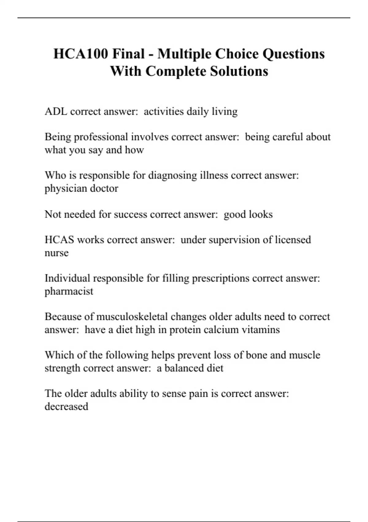 HCA100 Final - Multiple Choice Questions With Complete Solutions - HCA - Stuvia US