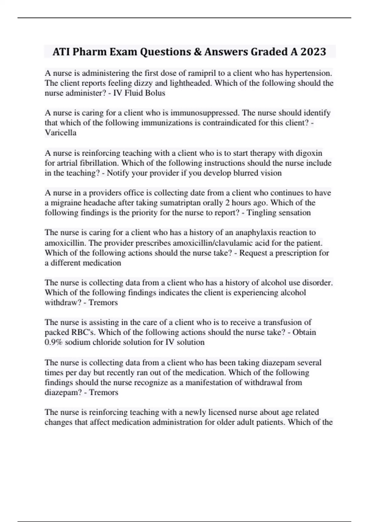 ATI Pharm Exam Questions & Answers Graded A 2023 - ATI Pharmacology ...