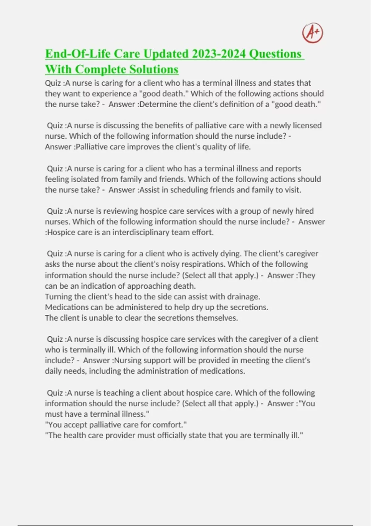 End-Of-Life Care Updated Questions With Complete Solutions - End-Of ...