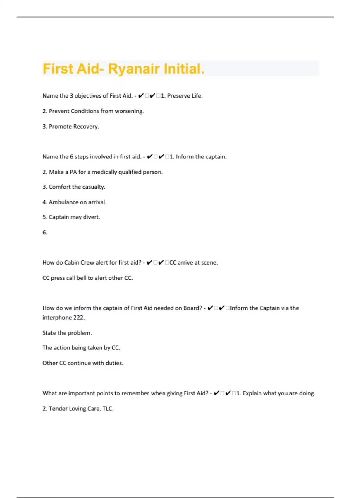 First Aid- Ryanair Initial. quiz questions With Complete Solutions ...
