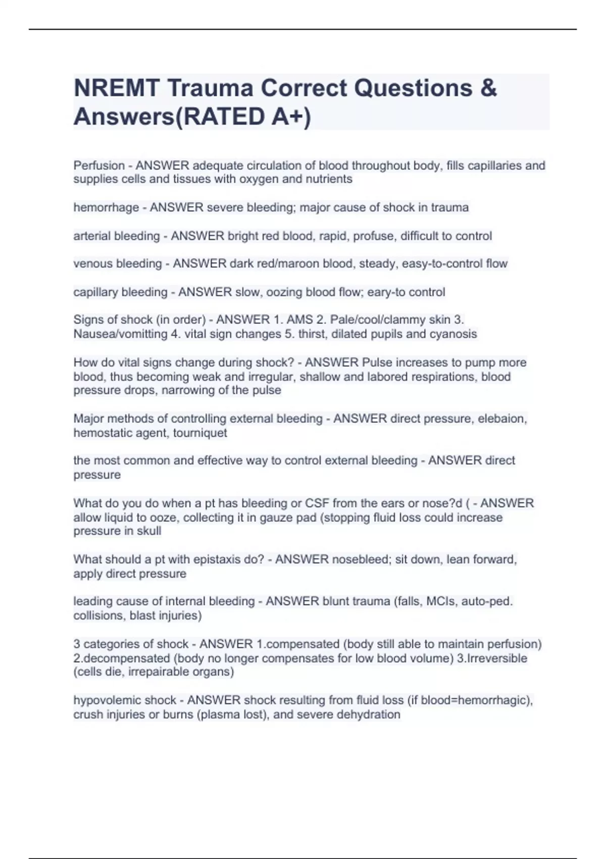 hemorrhage - ANSWER severe bleeding; major cause of shock in trauma ...