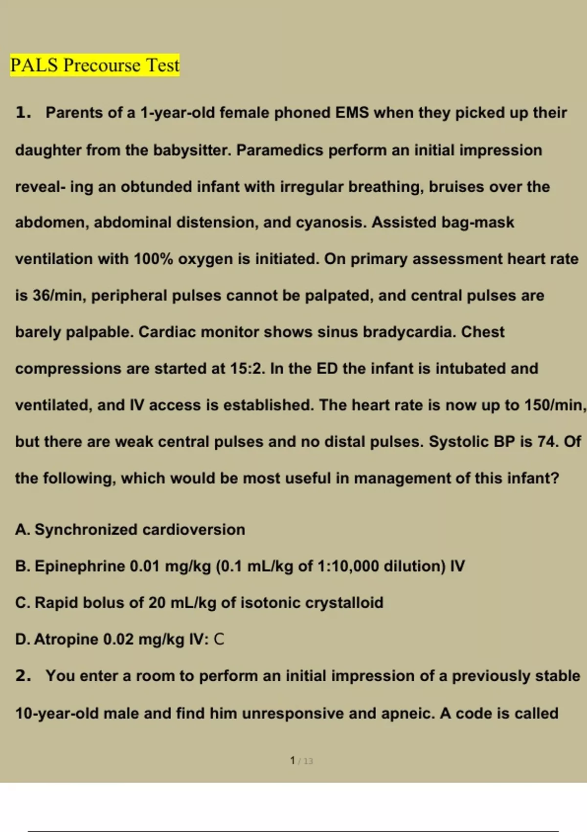 PALS Precourse Test Questions and Answers Latest (2023 / 2024 ...
