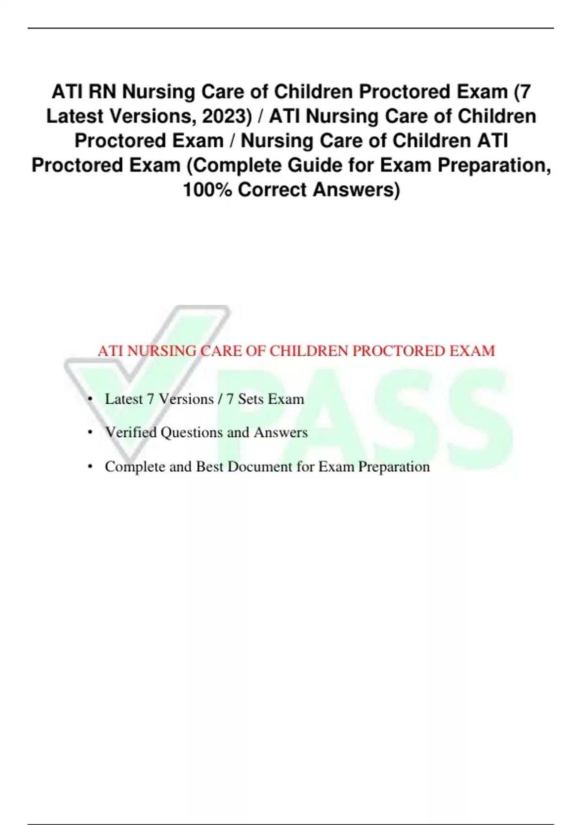 ATI RN Nursing Care of Children Proctored Exam (7 Latest Versions, 2023 ...