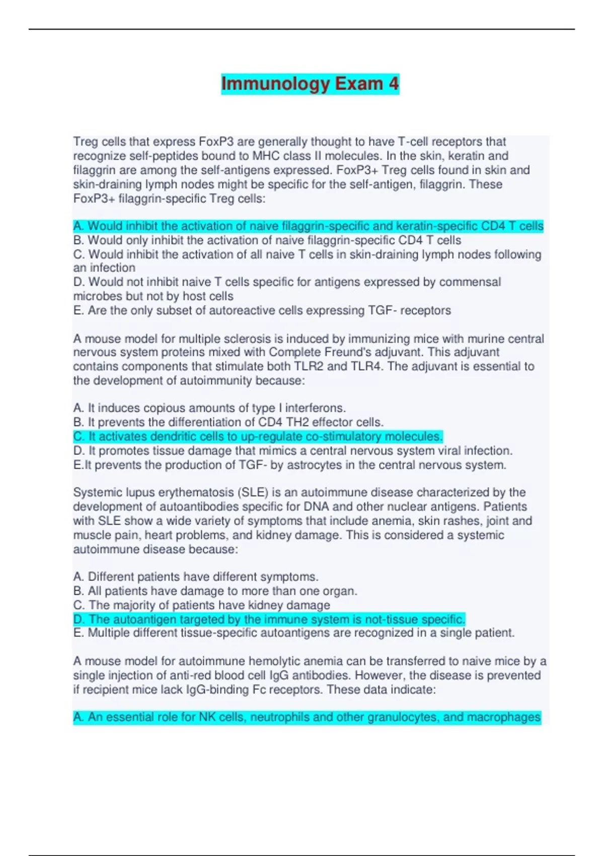 Immunology Exam 4 - Questions and Answers - Immunology - Stuvia US