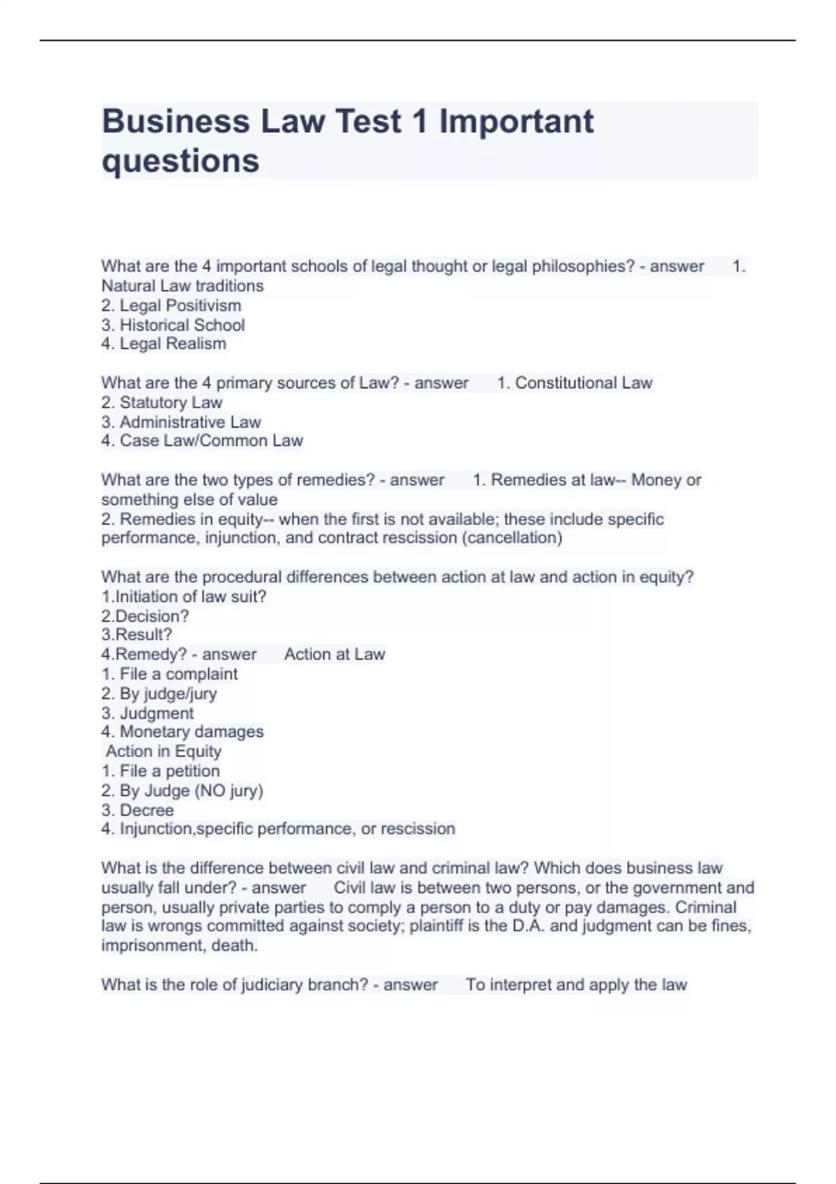 Business Law Test 1 Important questions with correct Answers 2023 ...