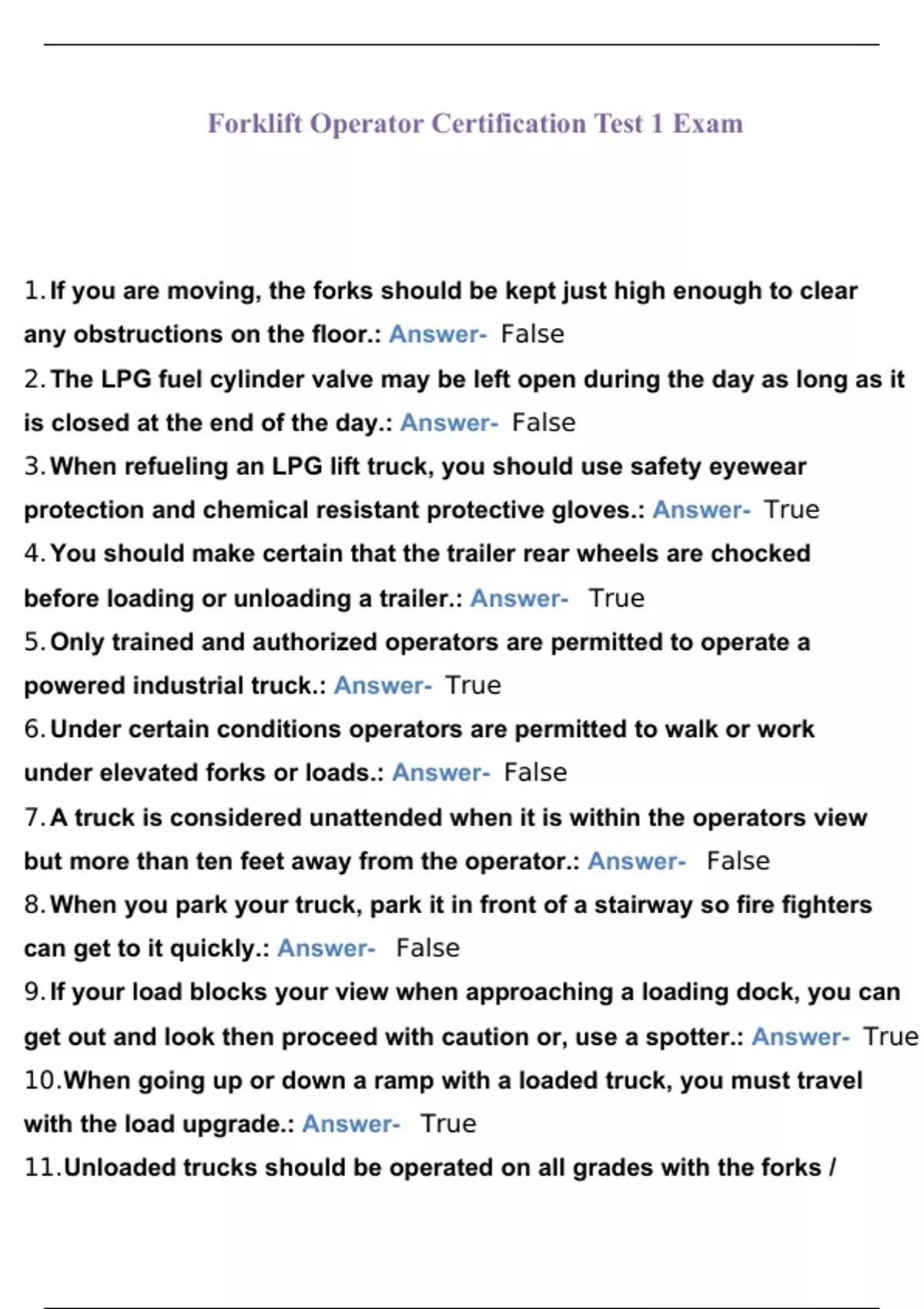 Forklift Operator Certification Test 1 Exam 2023 with complete solution ...