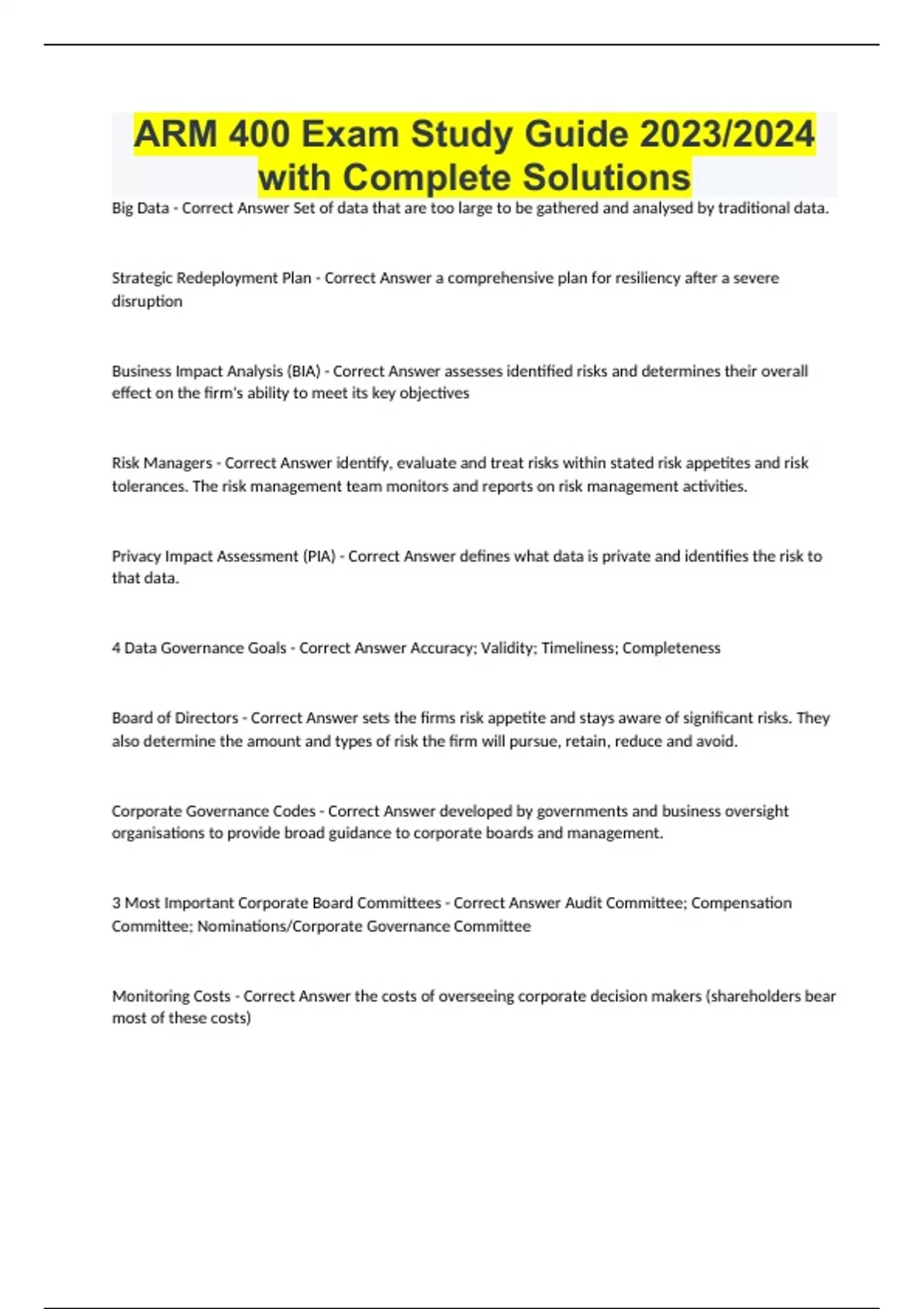 ARM 400 Exam Study Guide 2023/2024 with Complete Solutions - ARM 400 ...