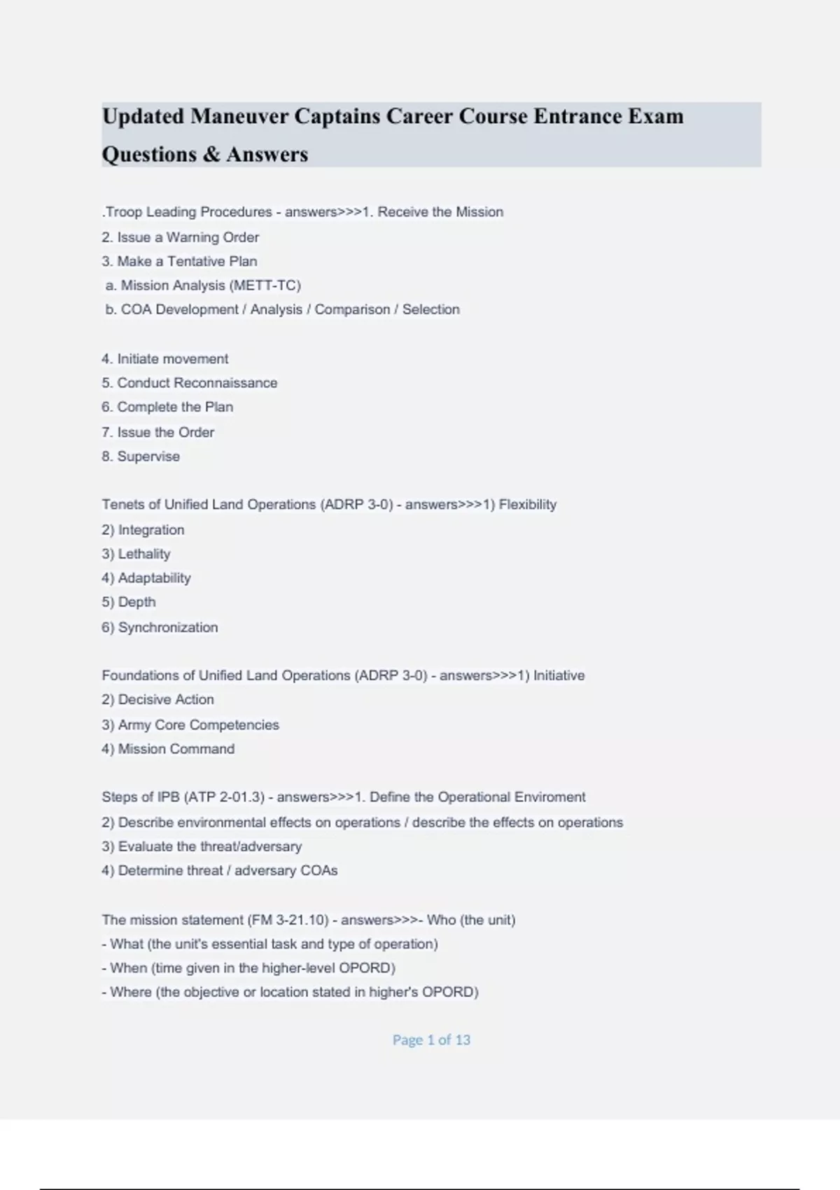 Updated Maneuver Captains Career Course Entrance Exam Questions ...