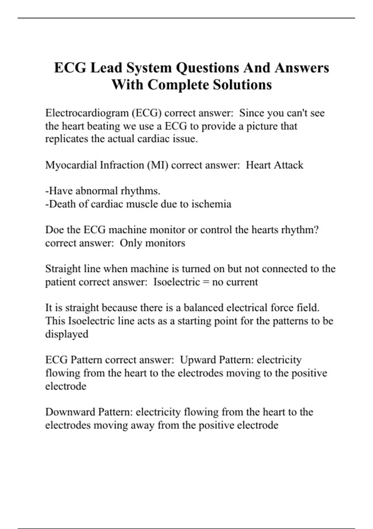 ECG Lead System Questions And Answers With Complete Solutions ...