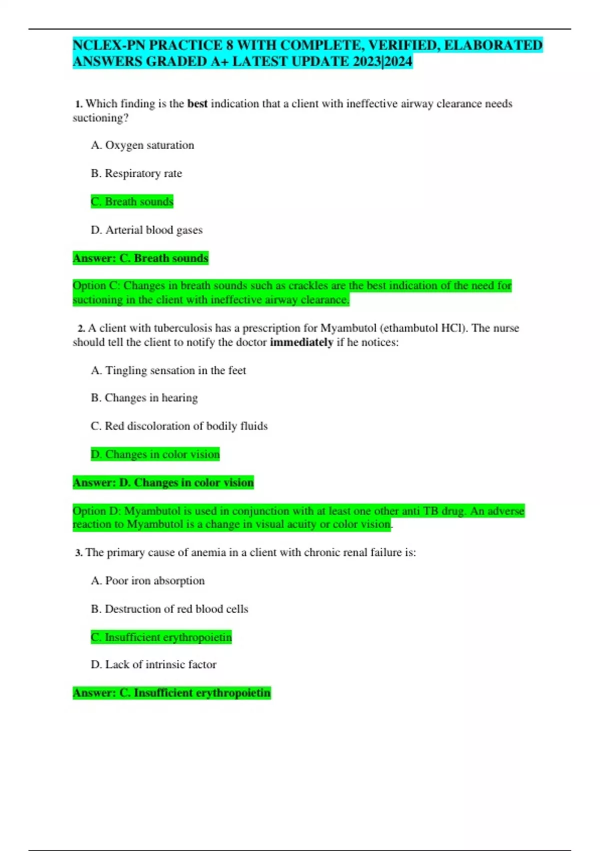 NCLEX-PN PRACTICE 8 WITH COMPLETE, VERIFIED, ELABORATED ANSWERS GRADED ...