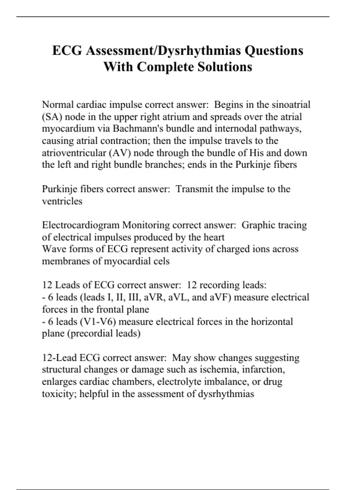 ECG Assessment/Dysrhythmias Questions With Complete Solutions ...