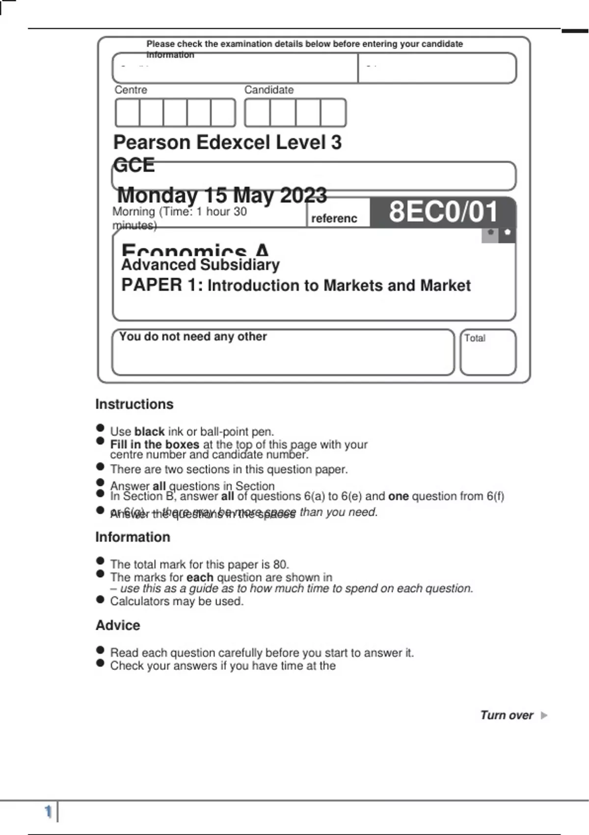 Pearson Edexcel GCE AS Level In Economics A (8EC0) Paper 01 ...
