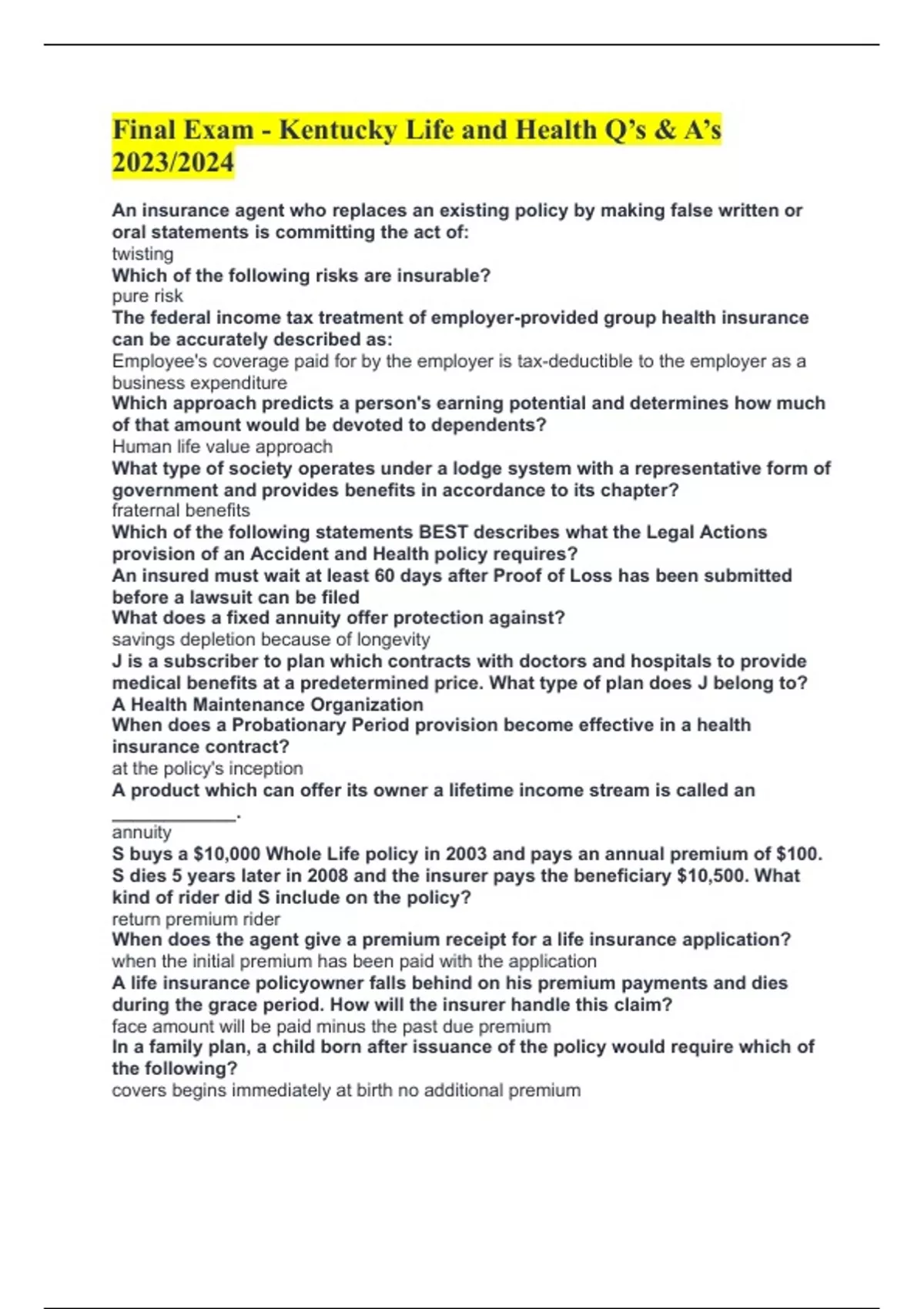 Final Exam - Kentucky Life and Health Q’s & A’s 2023/2024 - Kentucky ...