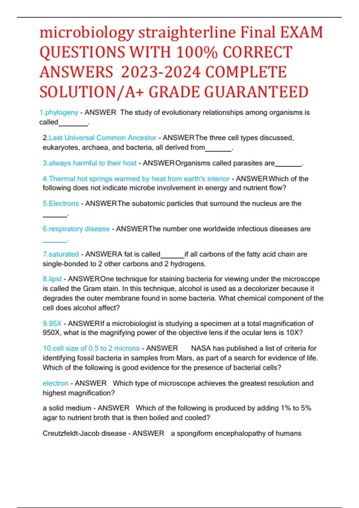 microbiology straighterline Final EXAM QUESTIONS WITH 100% CORRECT ...