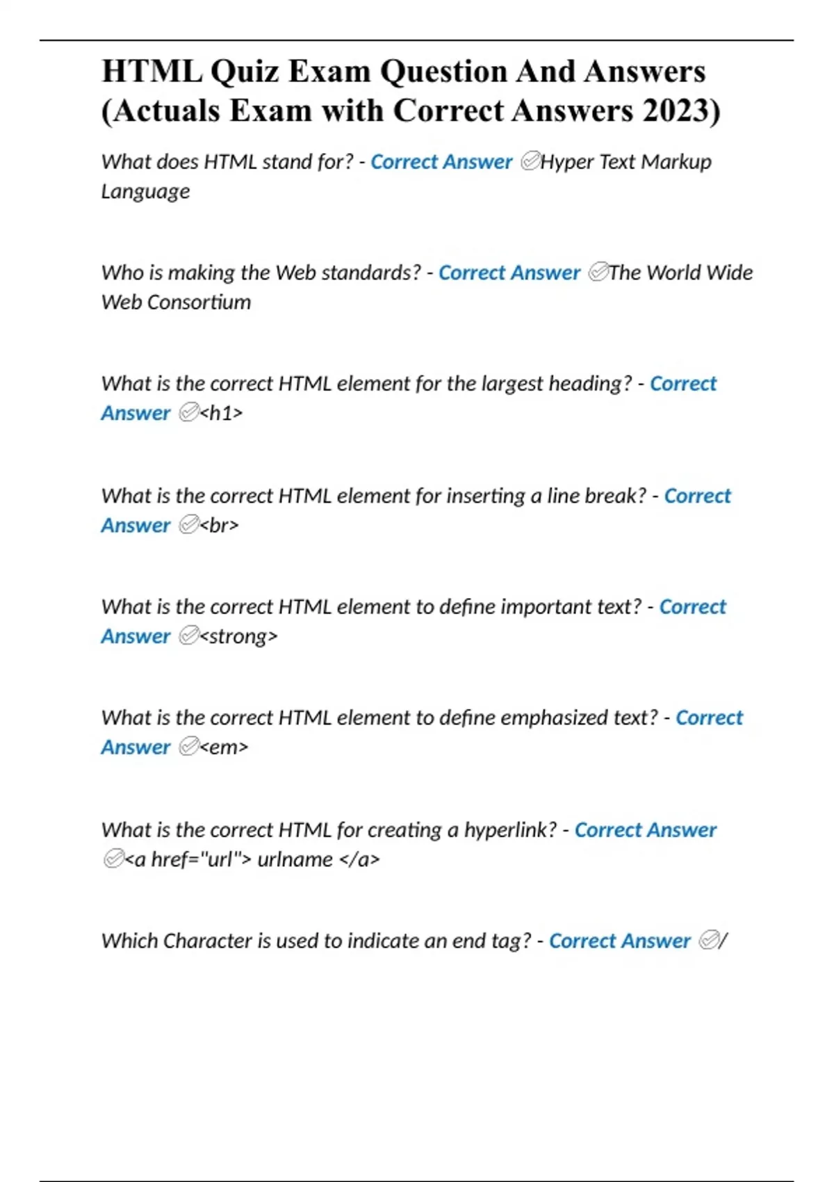 HTML Quiz Exam Question And Answers (Actuals Exam with Correct Answers 2023) - HTML Exa Question ...