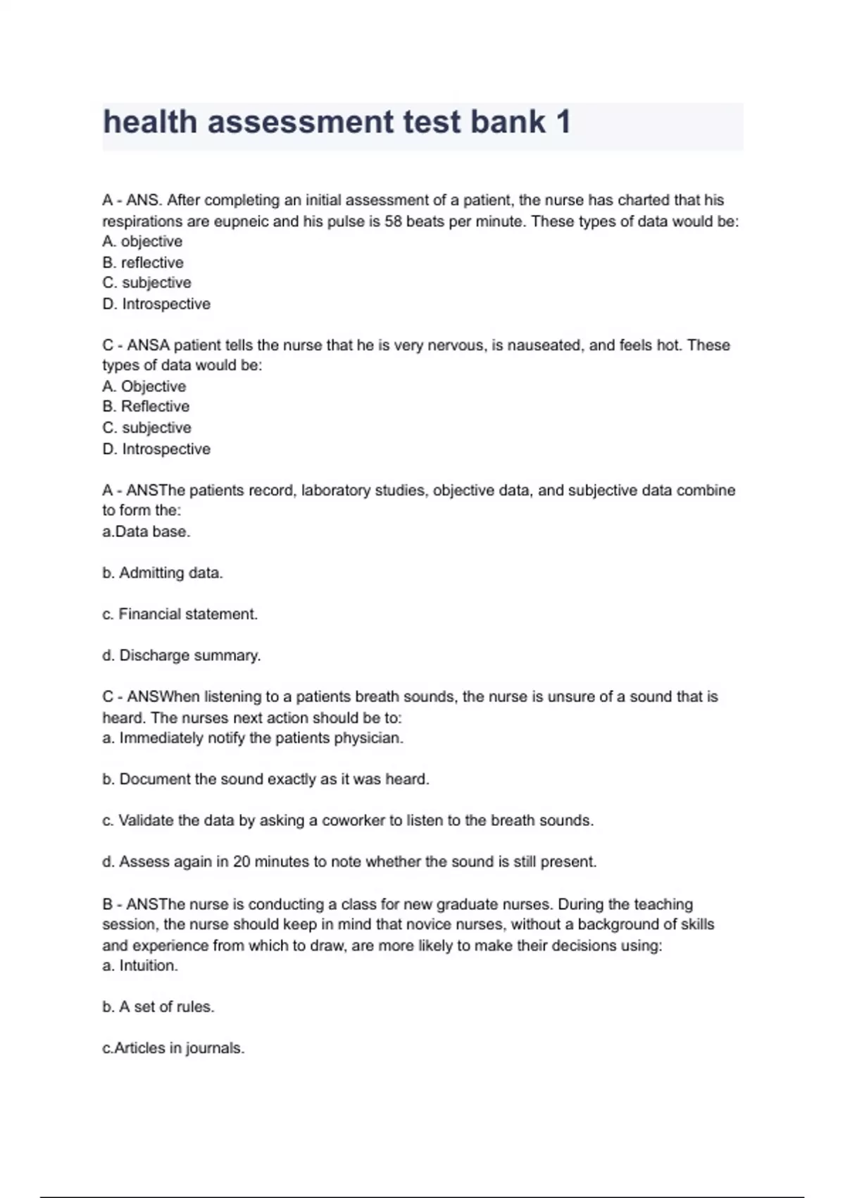 Test bank for Physical Examination and Health Assessment 9th Edition ...