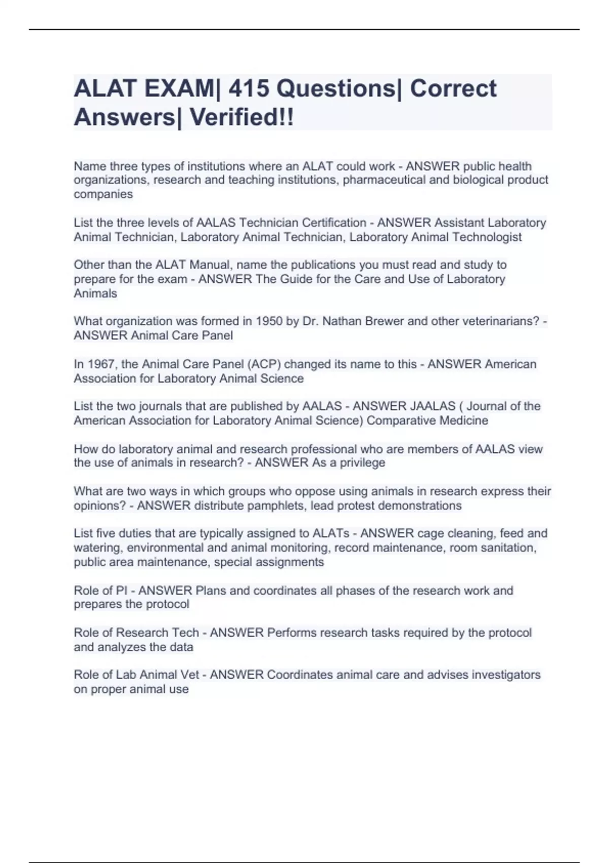 ALAT EXAM BUNDLE WITH COMPLETE Questions and Correct Answers| 100% ...