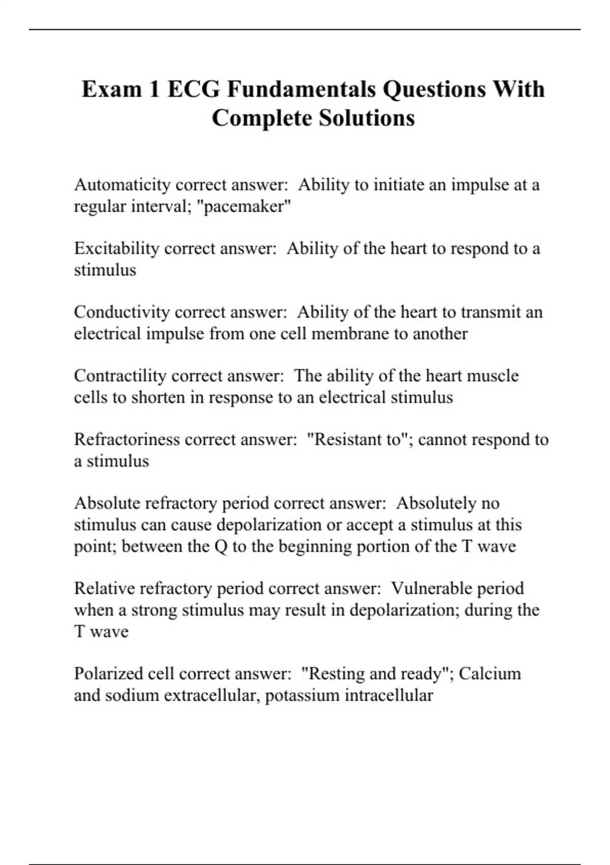 Exam 1 ECG Fundamentals Questions With Complete Solutions ...