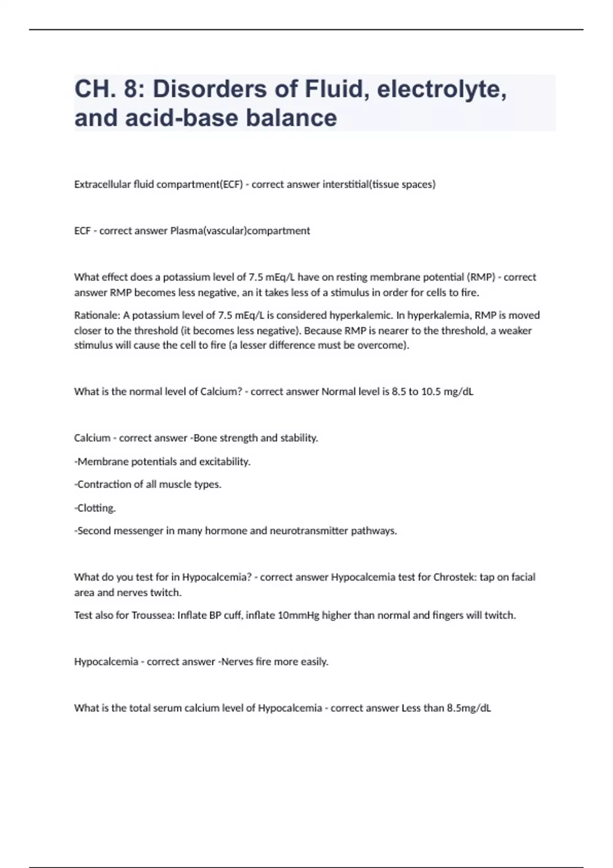 CH. 8 Disorders of Fluid, electrolyte, and acid-base balance 2023 already passed - RMP - Stuvia US