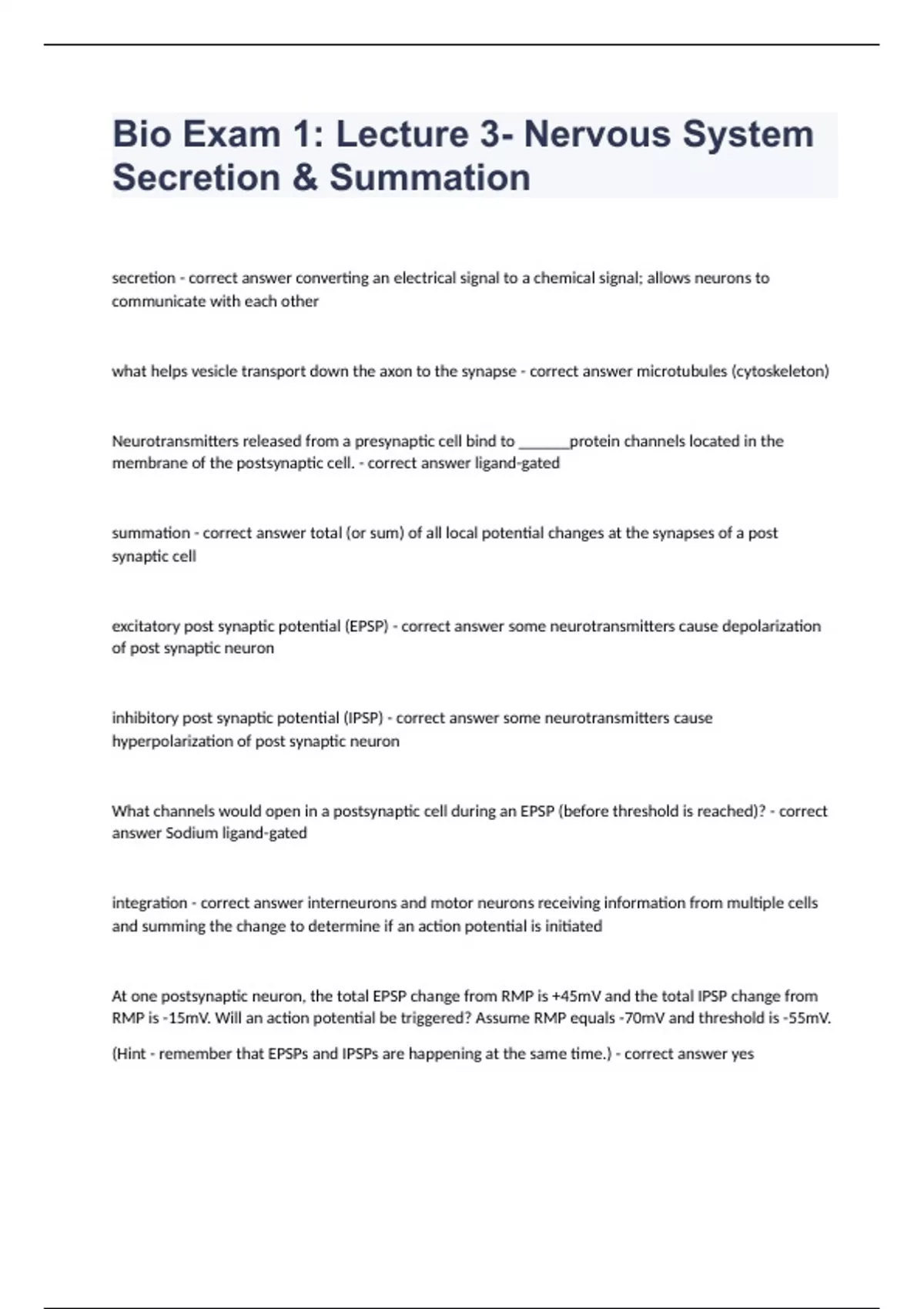 Bio Exam 1 Lecture 3- Nervous System Secretion & Summation fully solved ...